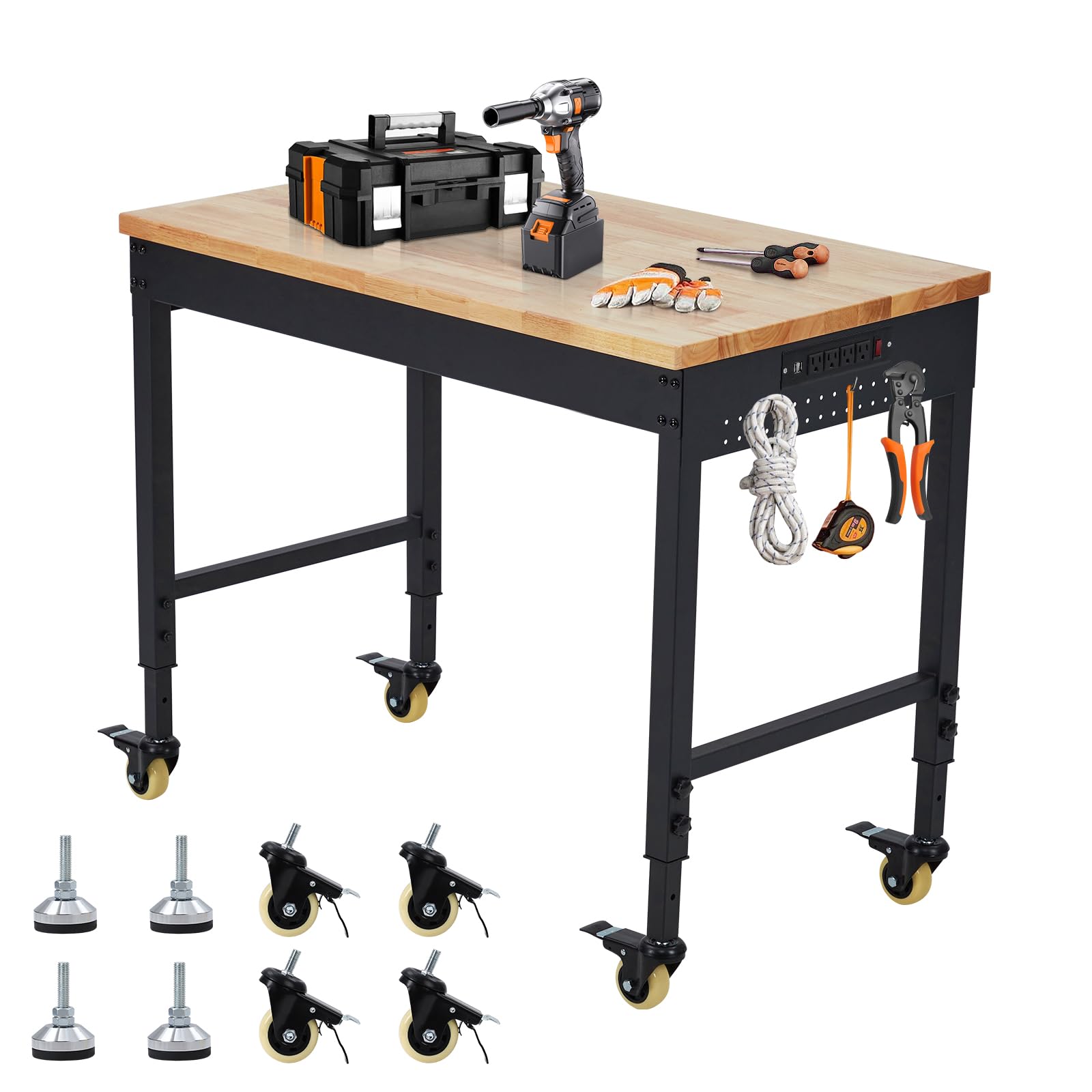 48" x 24" Adjustable Workbench 2000 Lbs Capacity, Rubber Wood Shop Tab