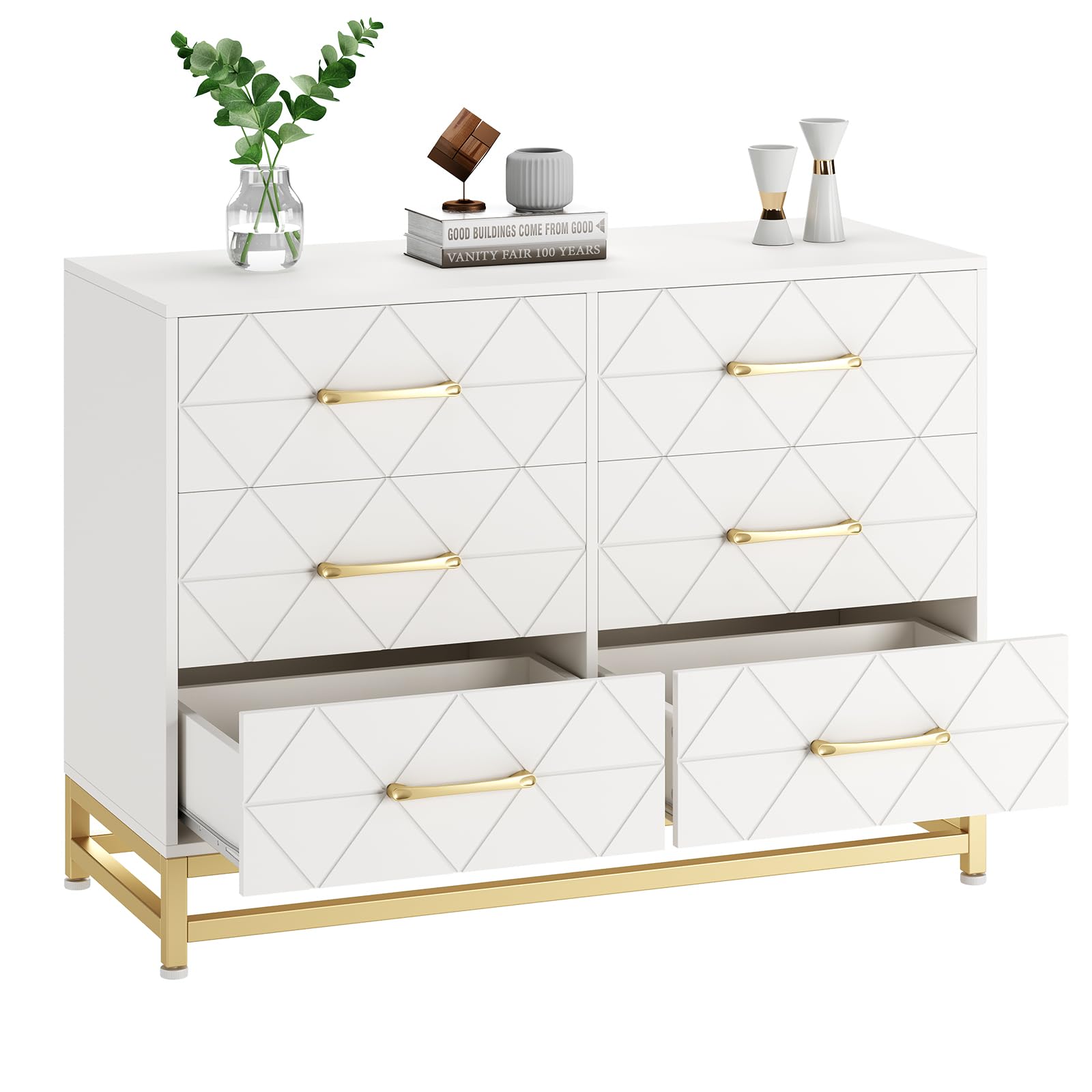 GARVEE 6-Drawer Dresser TV Stand Wood Chest with Metal Handles, White