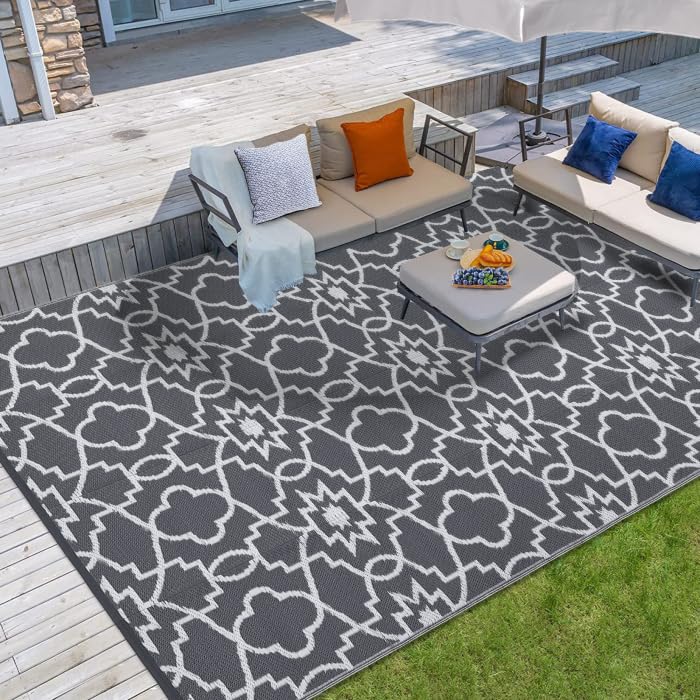 Grey & White 9x18 Outdoor Rug - Waterproof Reversible for RV & Deck ...