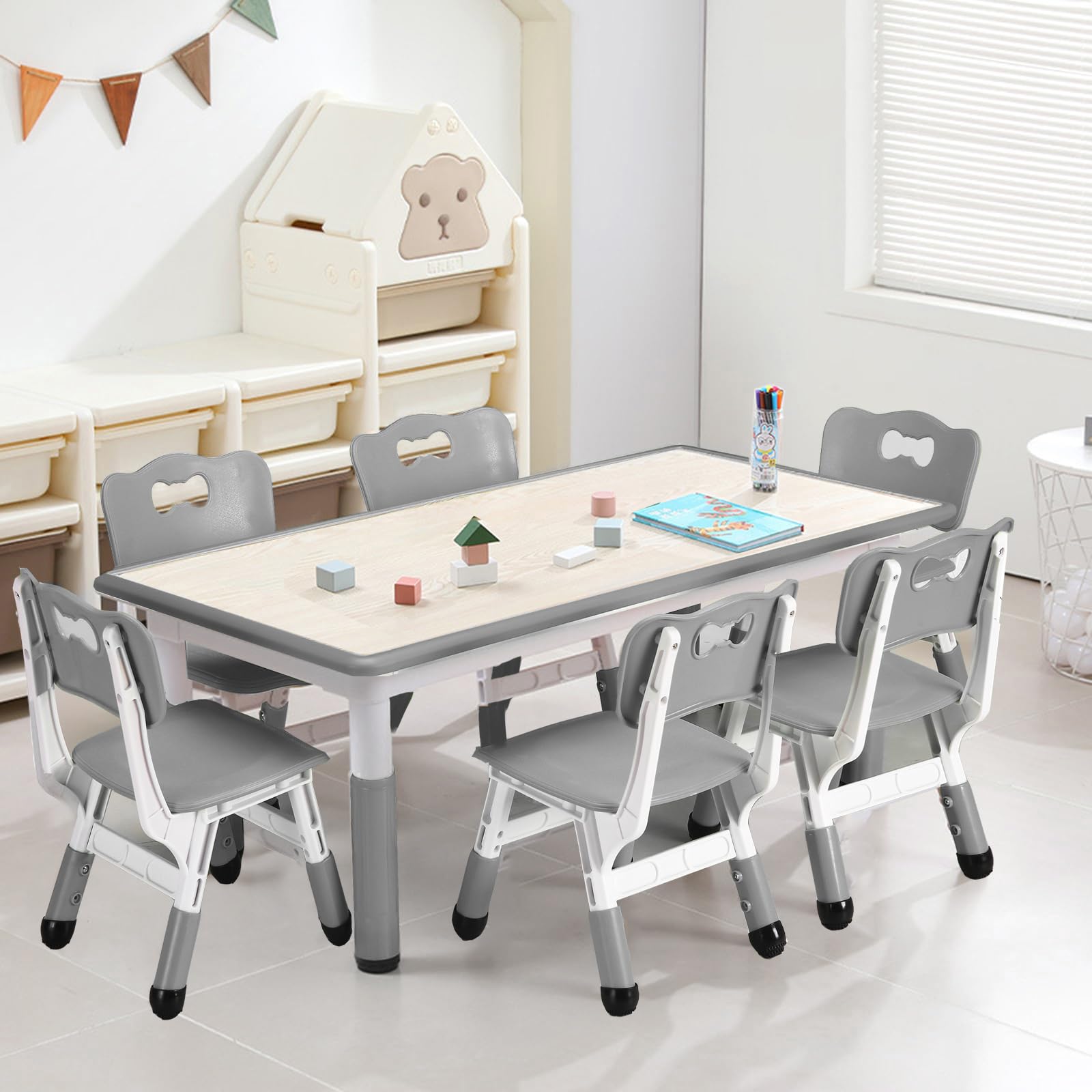 Garvee Kids Table and Chairs Set, Height Adjustable Desk With 6 Seats