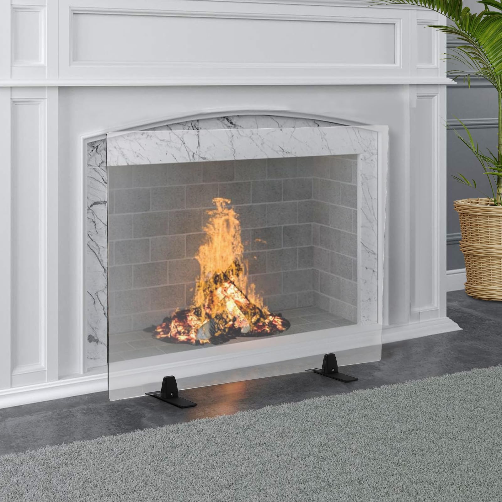 Garvee Tempered Glass Fireplace Screen - 26" x 36", Clear Glass, Metal