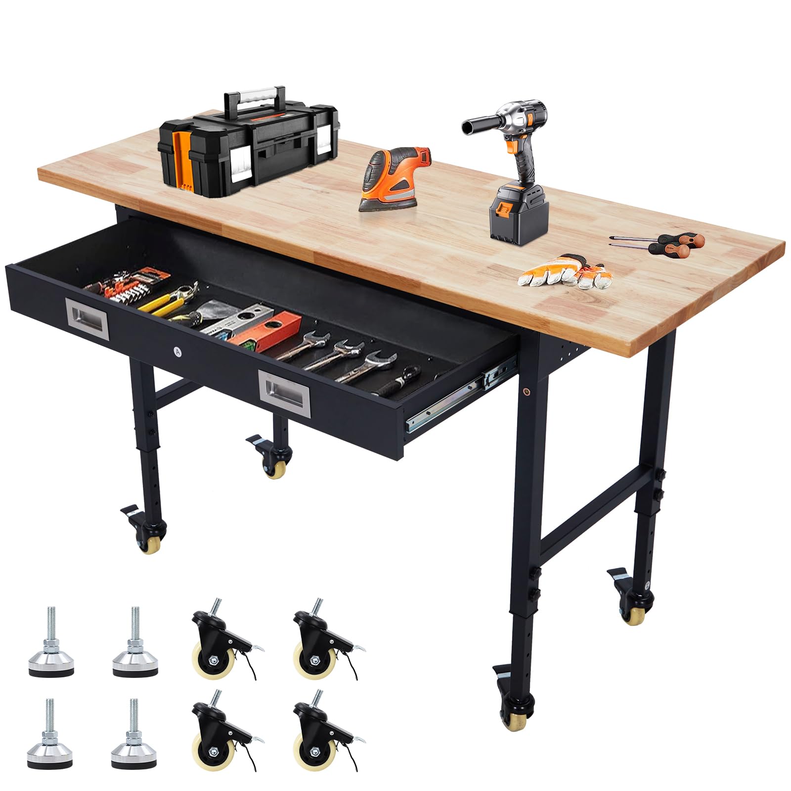 60 Inch Workbench with Drawer Storage, Adjustable Height Worktable for