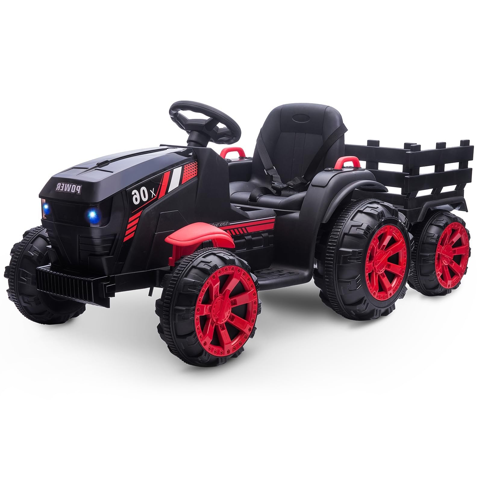 GARVEE 12V Kids Ride On Tractor with Trailer, LED Lights for Boy Girl