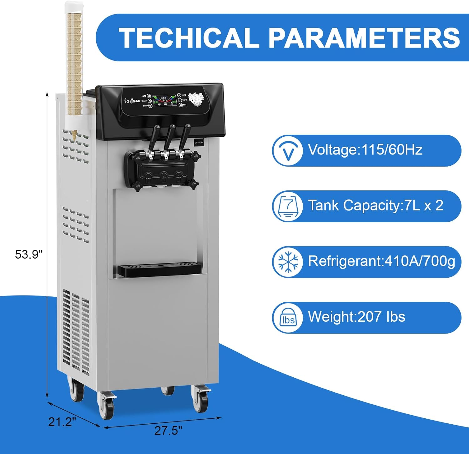 Commercial Soft Ice Cream Machine 3 Flavors Clean Led Panel Perfect fo