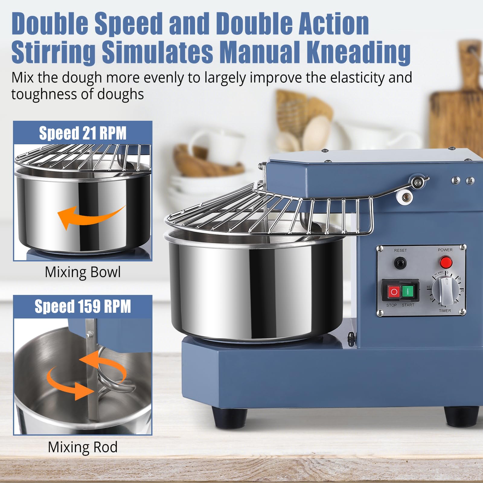 8Qt 450W Dual Rotating Commercial Dough Mixer with Steel Bowl