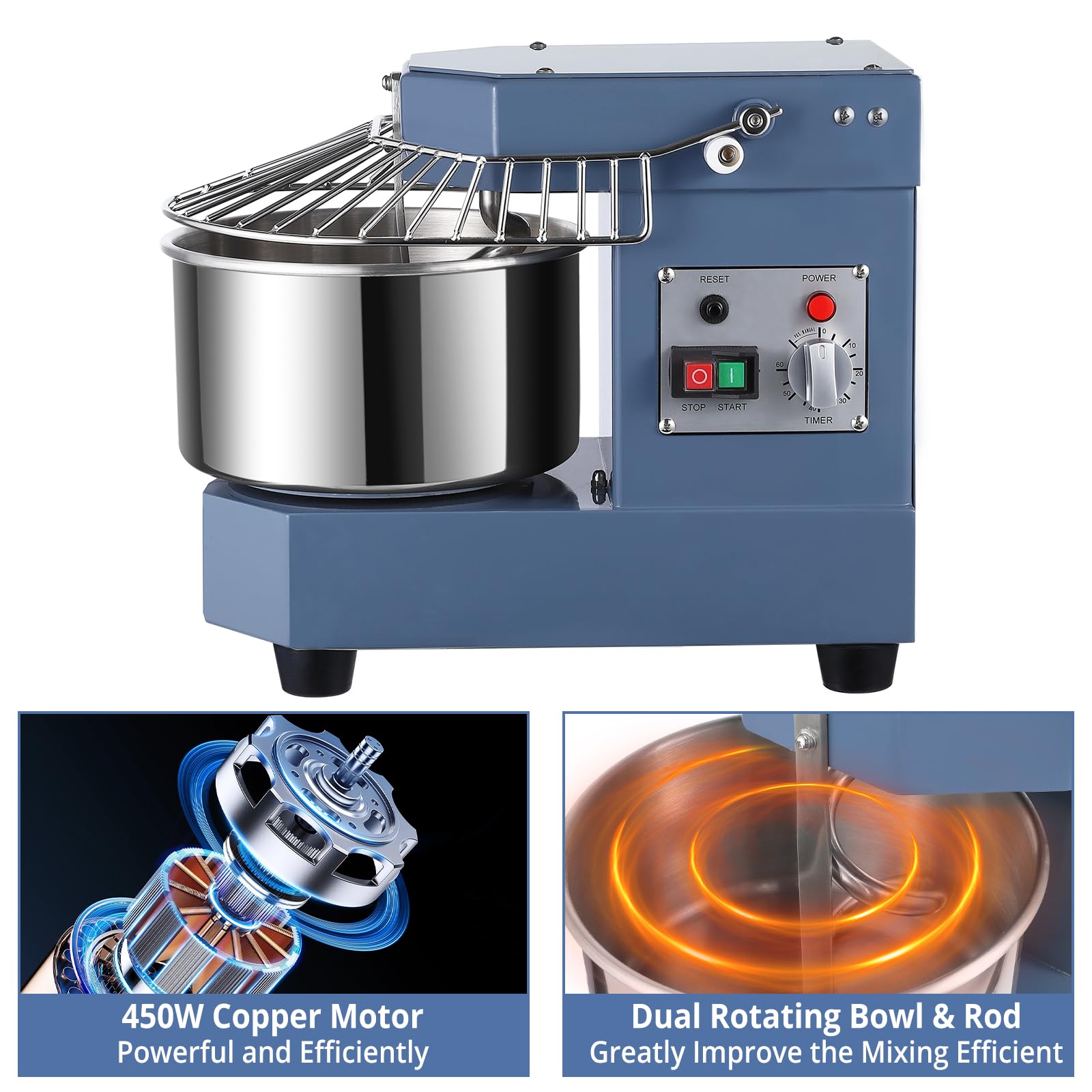 8Qt 450W Dual Rotating Commercial Dough Mixer with Steel Bowl