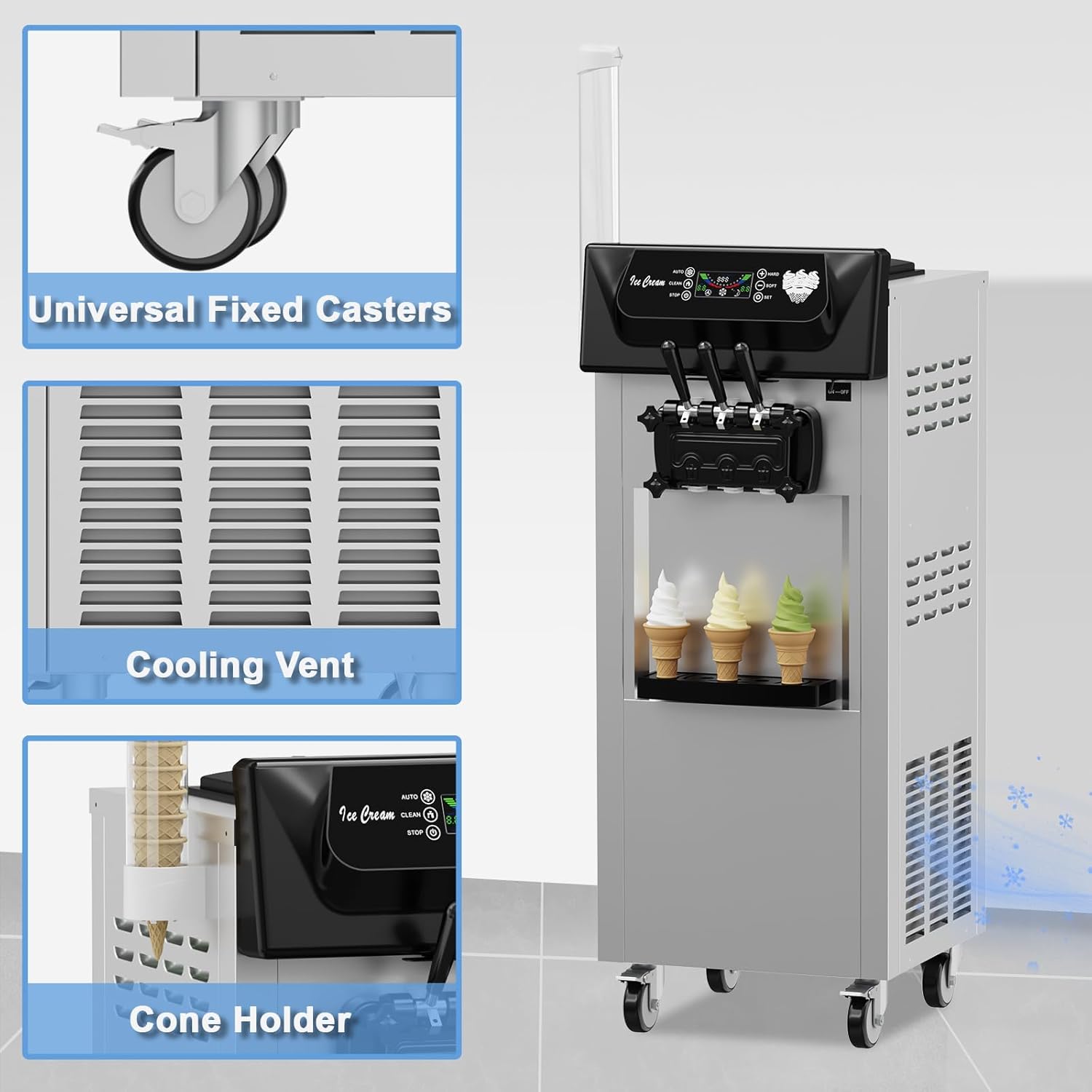 Commercial Soft Ice Cream Machine 3 Flavors Clean Led Panel Perfect fo