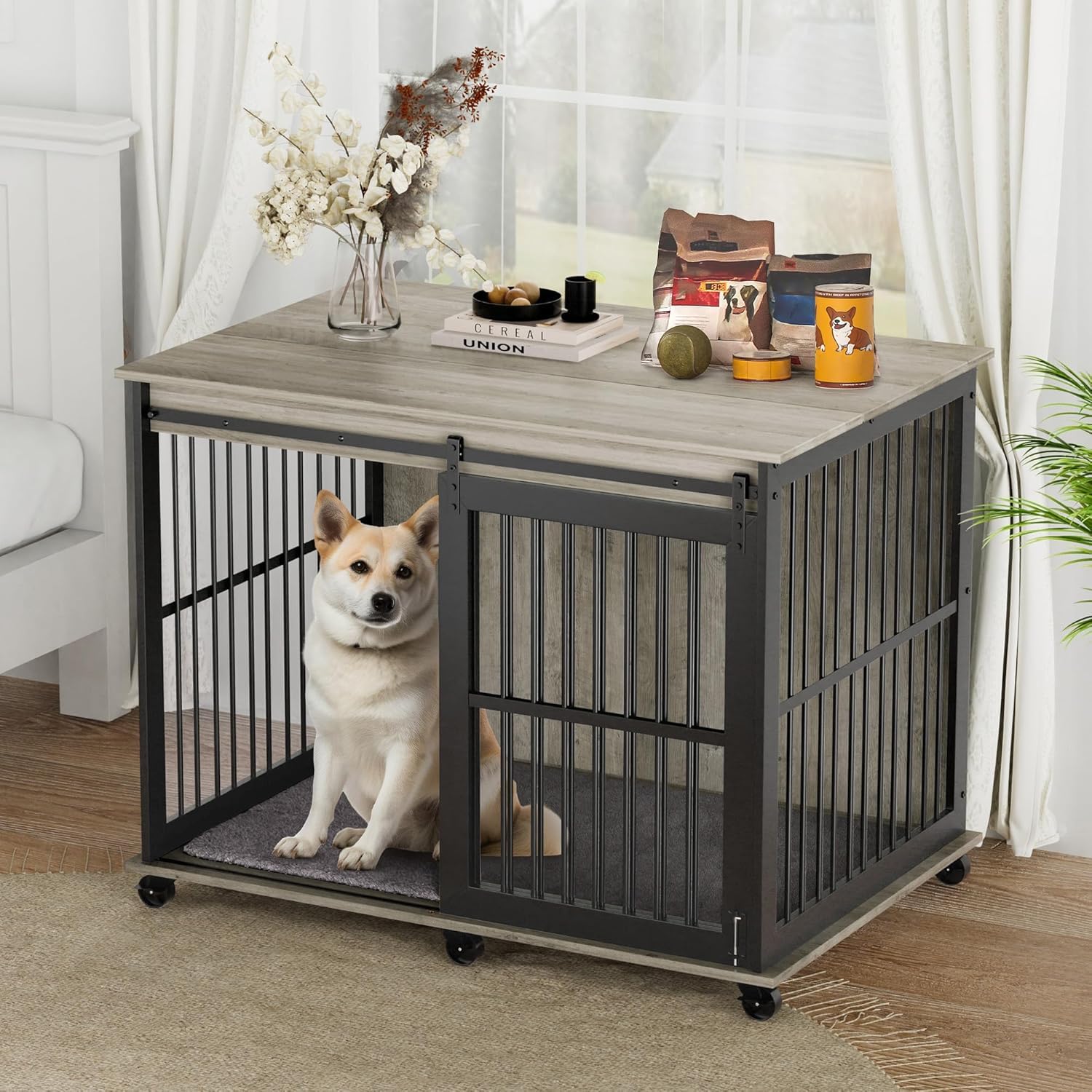 Garvee Furniture Style Dog Crates with Sliding Iron Door, Modern Decor