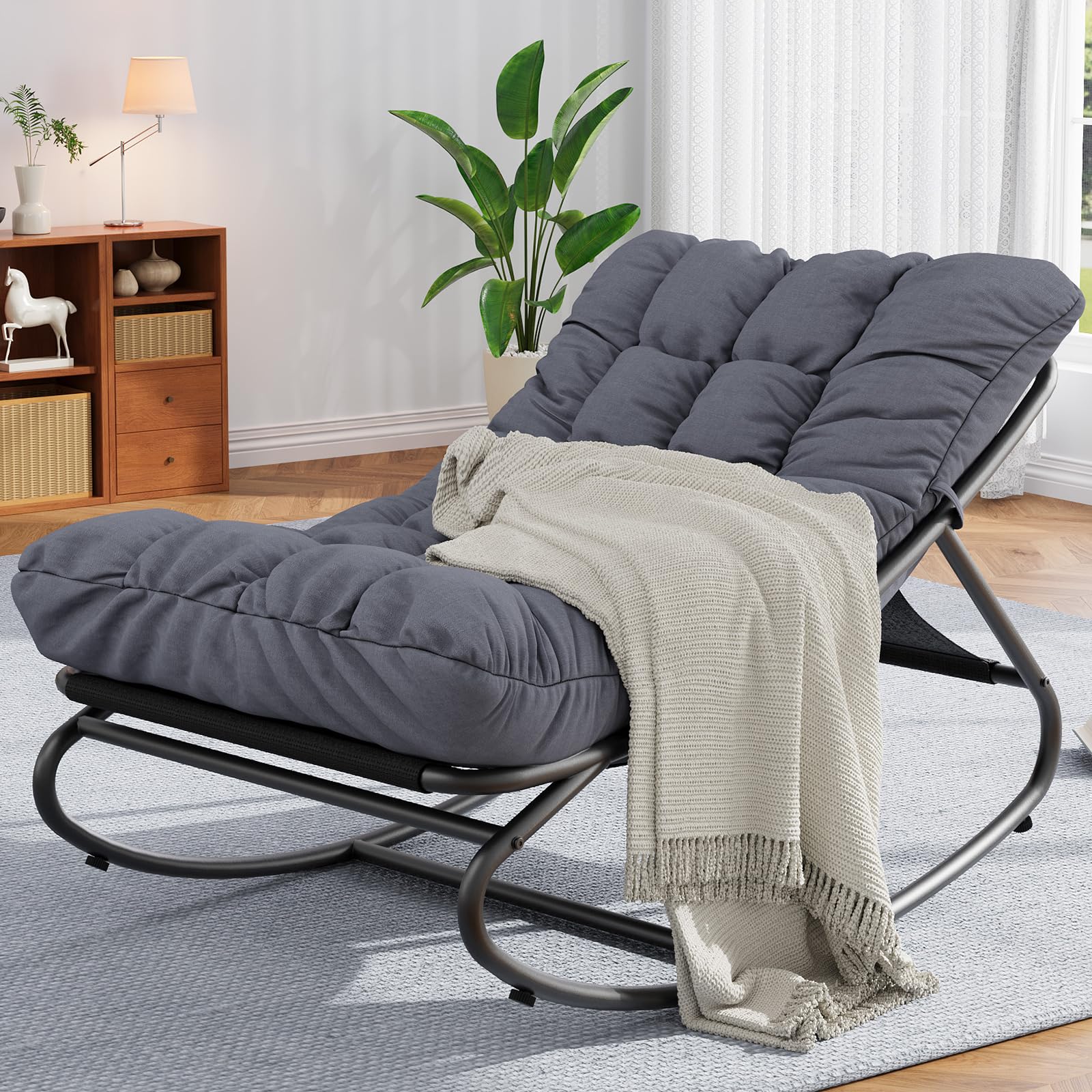Grey Rocking Papasan Chair - 300lb Capacity & Silent Glide | GARVEE