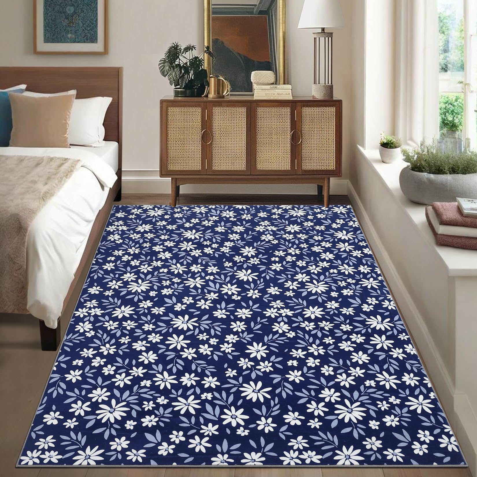 GARVEE 8x10 Washable Foldable Rug Modern Floral Pattern Non-Slip Low ...