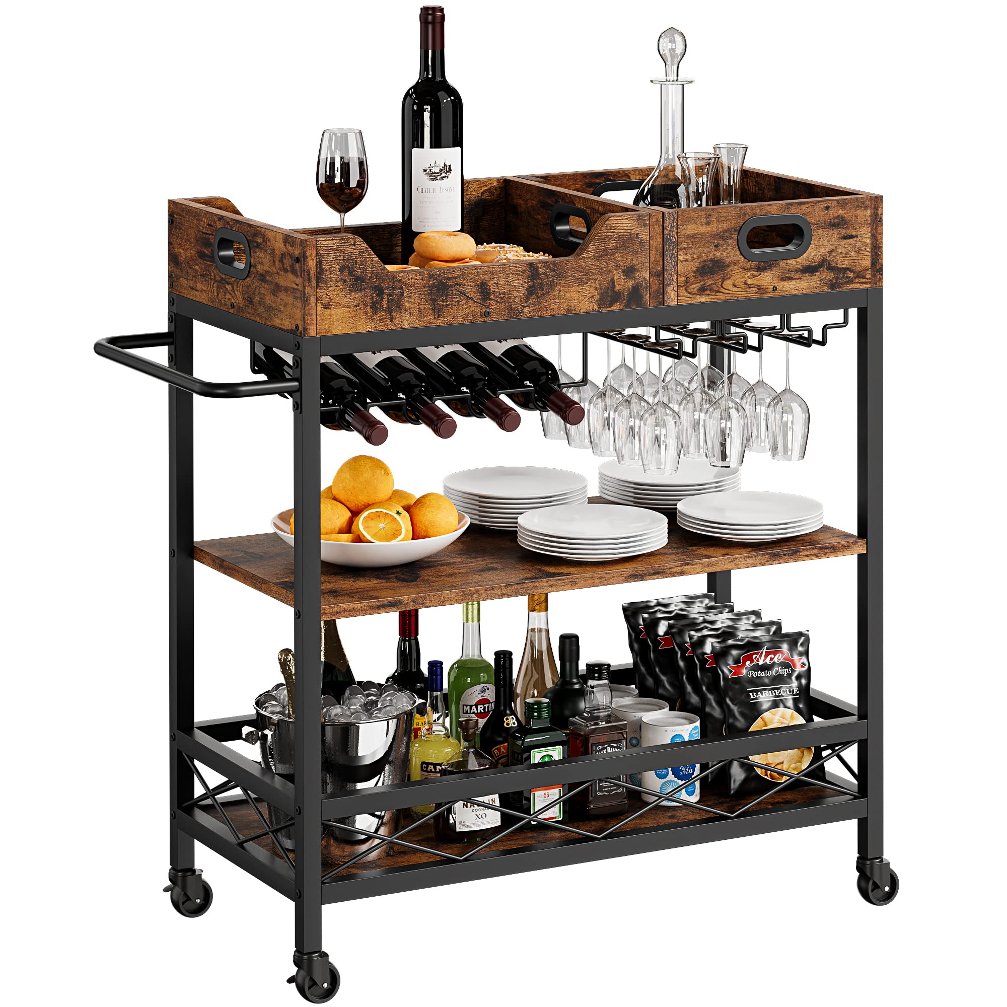 GARVEE 3 Tier Rustic Bar Cart - Versatile for Indoor and Outdoor Use