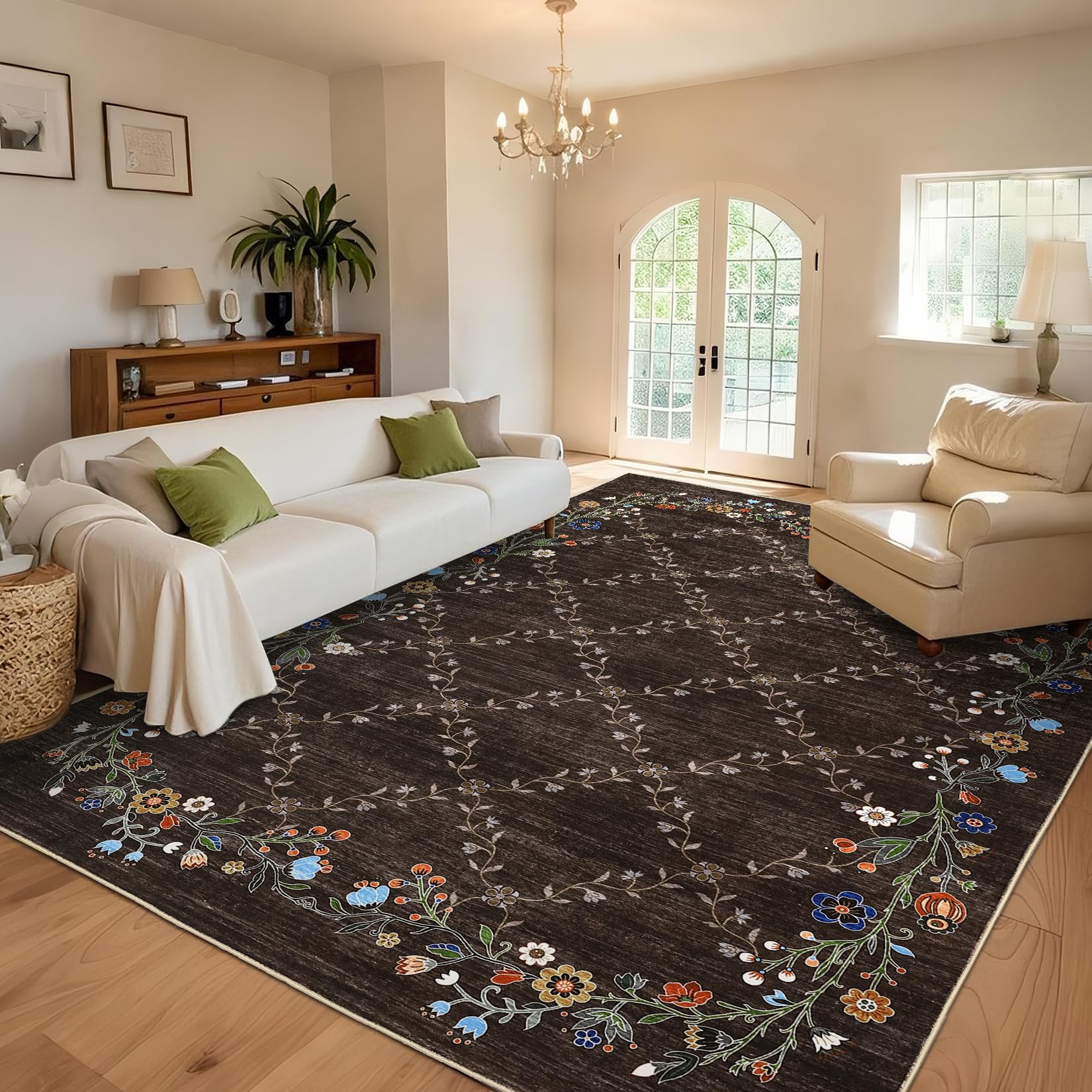 GARVEE 8x10 Floral Area Rug Washable Non-Slip Low Pile Faux Wool Brown ...