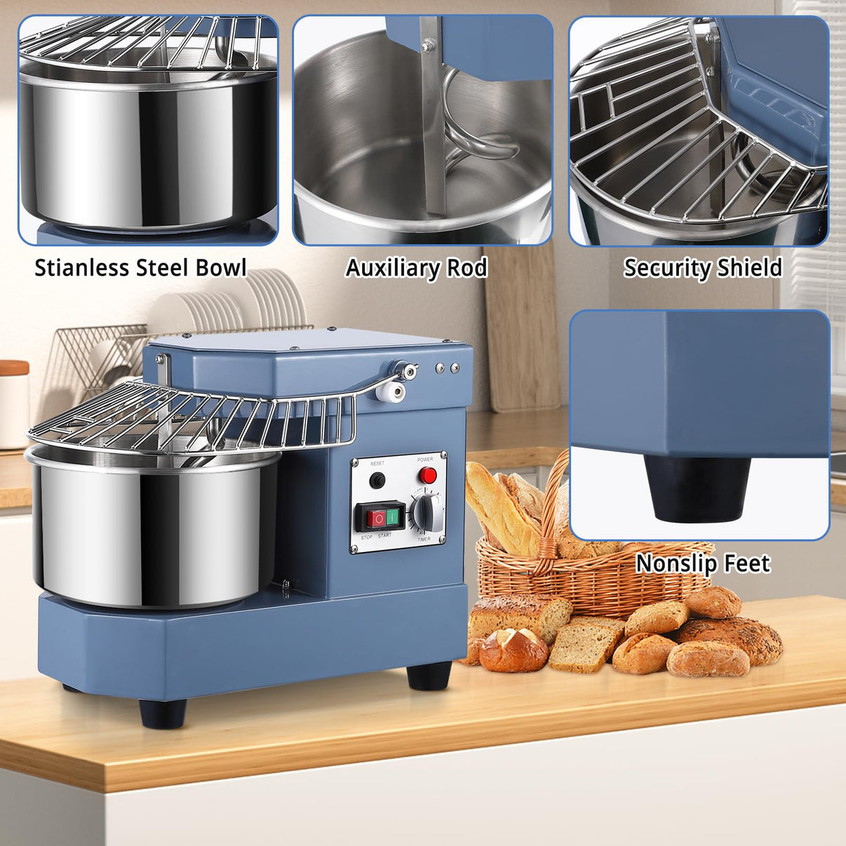 8Qt 450W Dual Rotating Commercial Dough Mixer with Steel Bowl