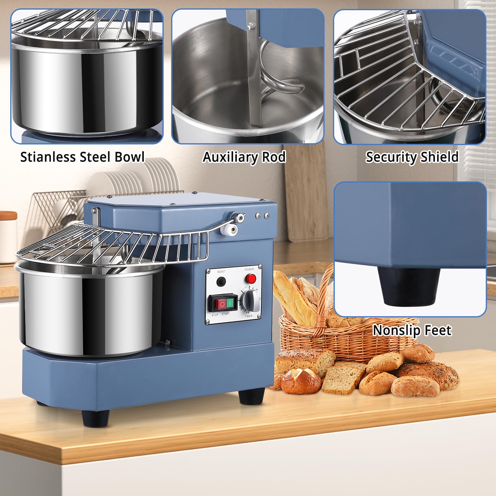 8Qt 450W Dual Rotating Commercial Dough Mixer with Steel Bowl