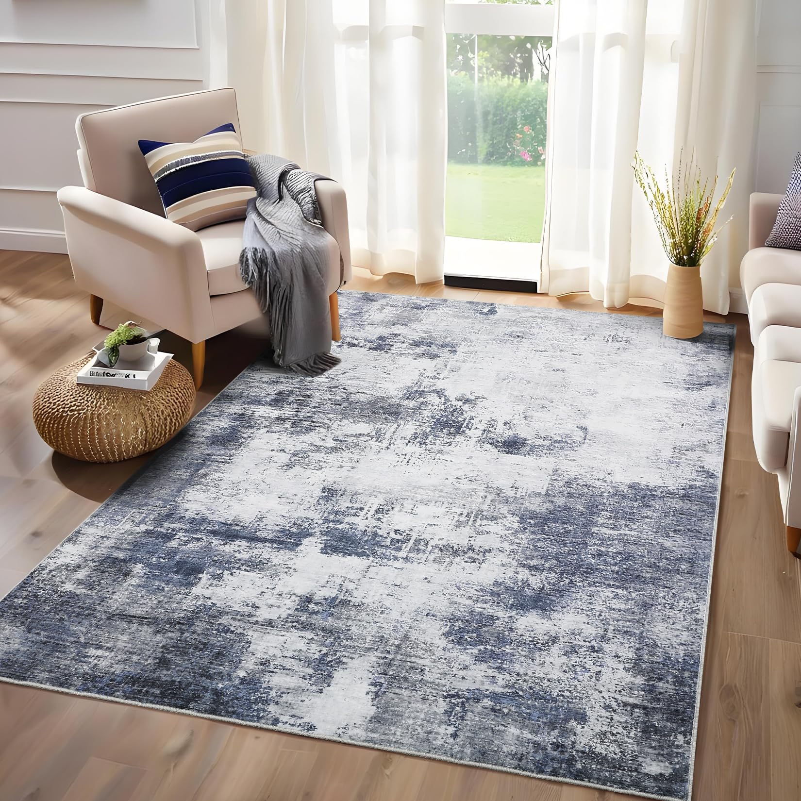 Garvee Abstract Blue 5x7 Modern Washable Area Rug – Soft, Stain-Resist