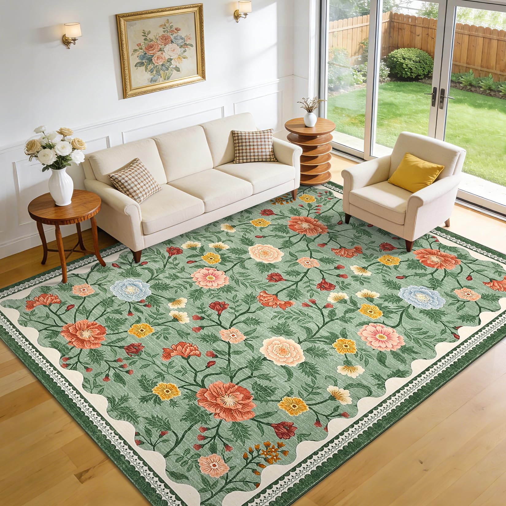Garvee Large Green Rug 10x13 Washable Floral Living Room Rug Modern Fa