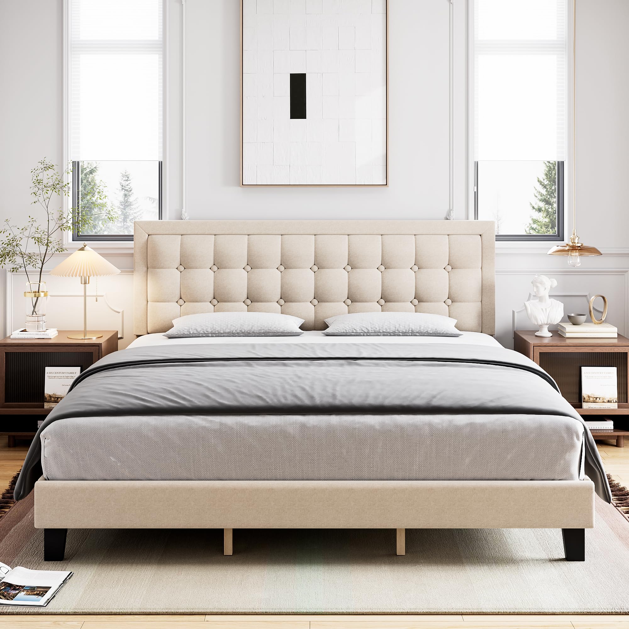 GARVEE King Size Linen Upholstered Bed Frame - Versatile Comfort for ...