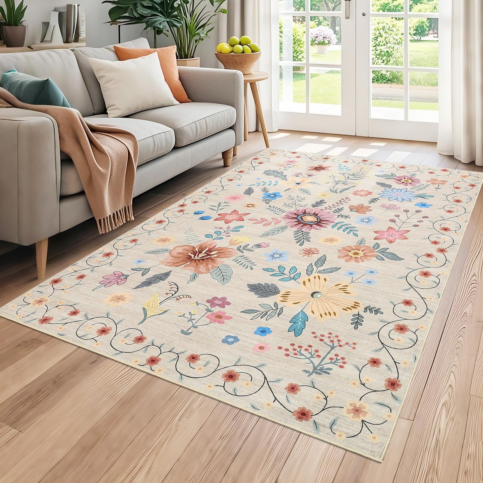 Garvee Floral 8x10 Large Area Rugs for Living Room, Ultra-Thin Soft Bo