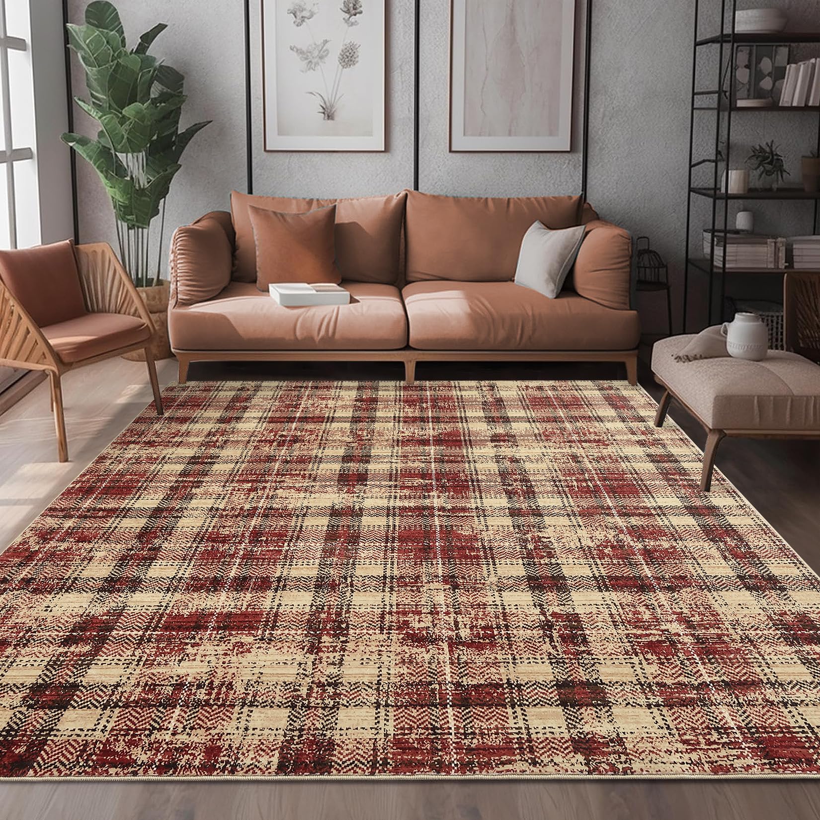 GARVEE Large Area Rug 10x13 Machine Washable Non-Slip Low Pile Plaid ...