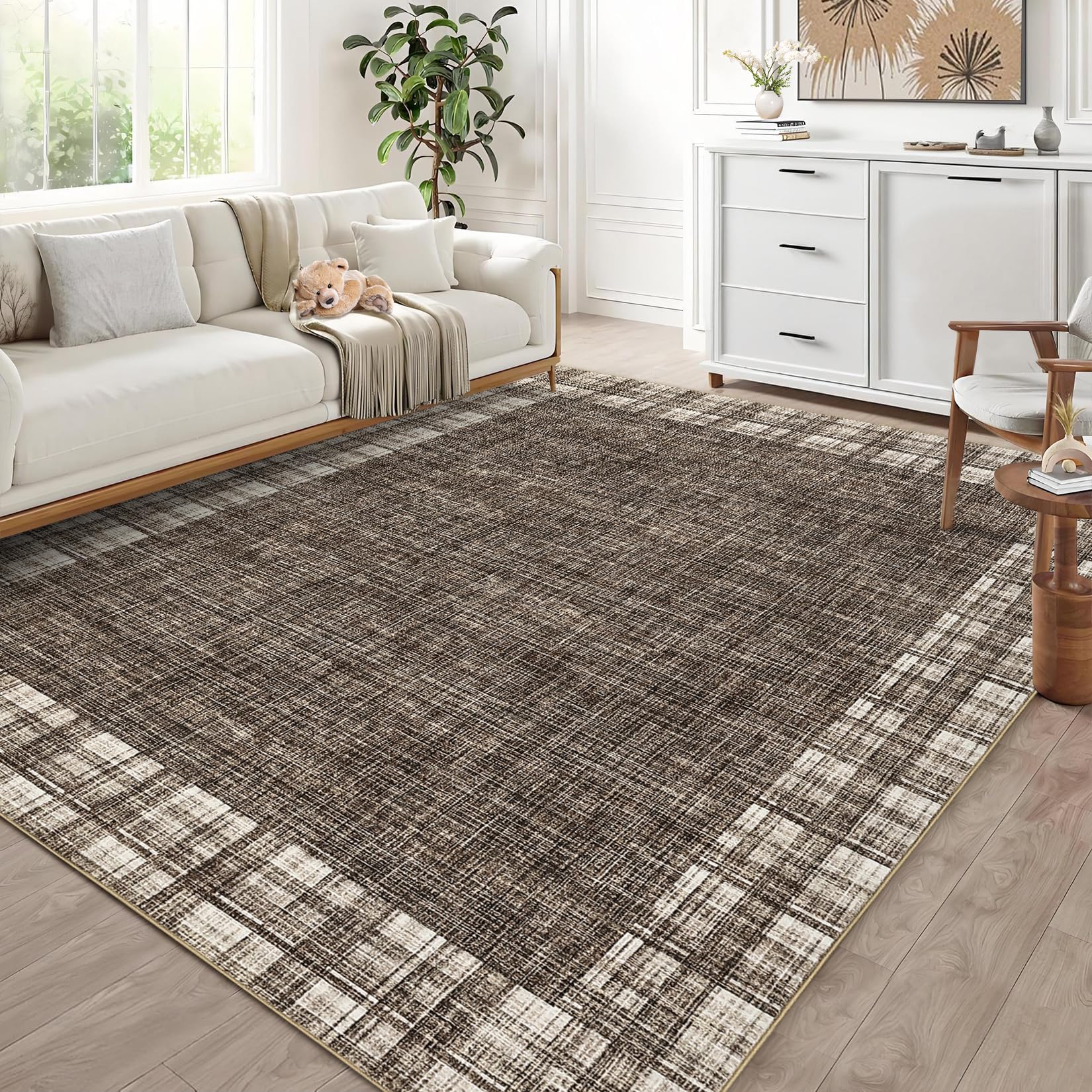 GARVEE Modern Plaid Area Rug 8x10 Brown Machine Washable Non-Slip Low ...