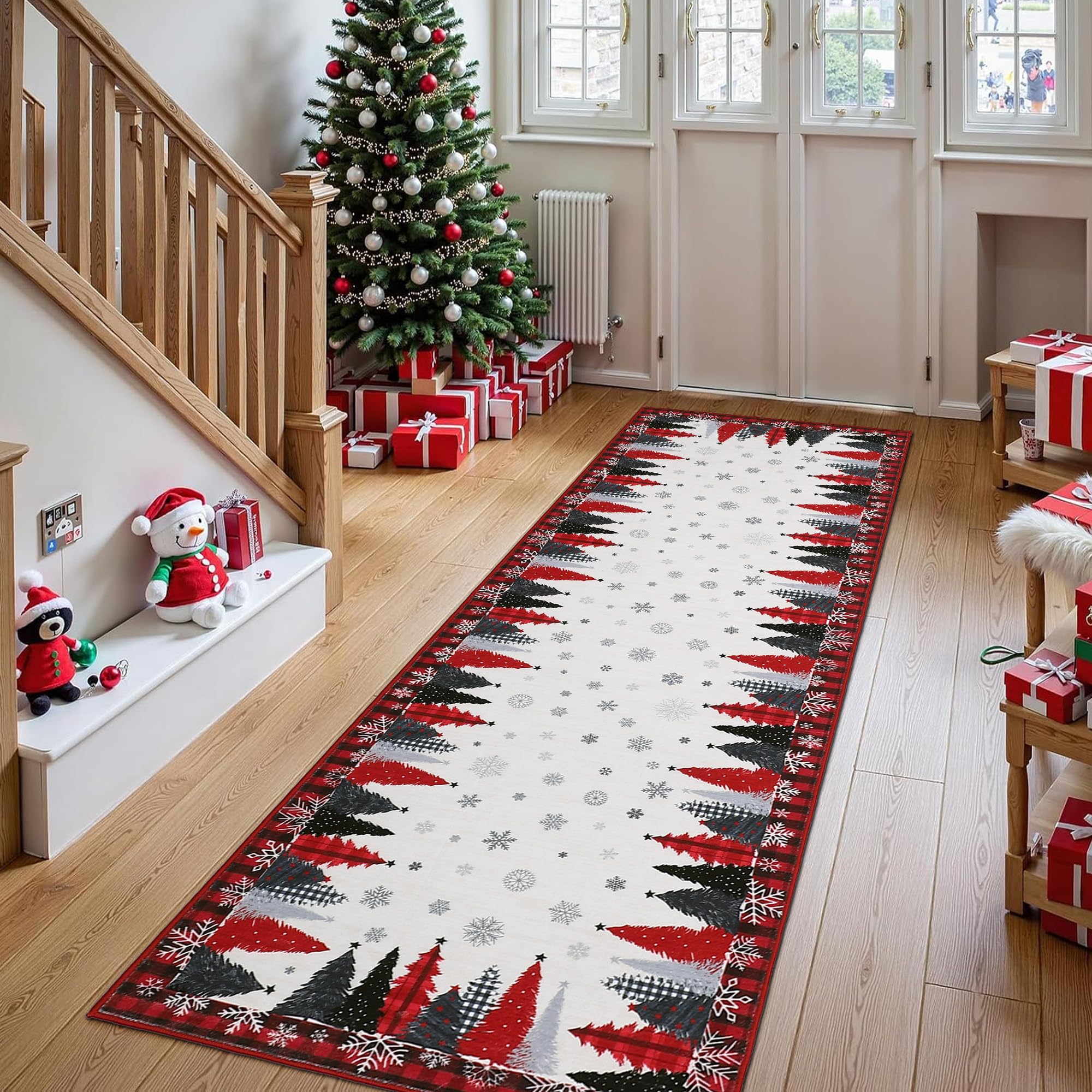 Garvee Christmas Tree Pattern Red 2x6 Rug - Washable Non-Slip & Stain