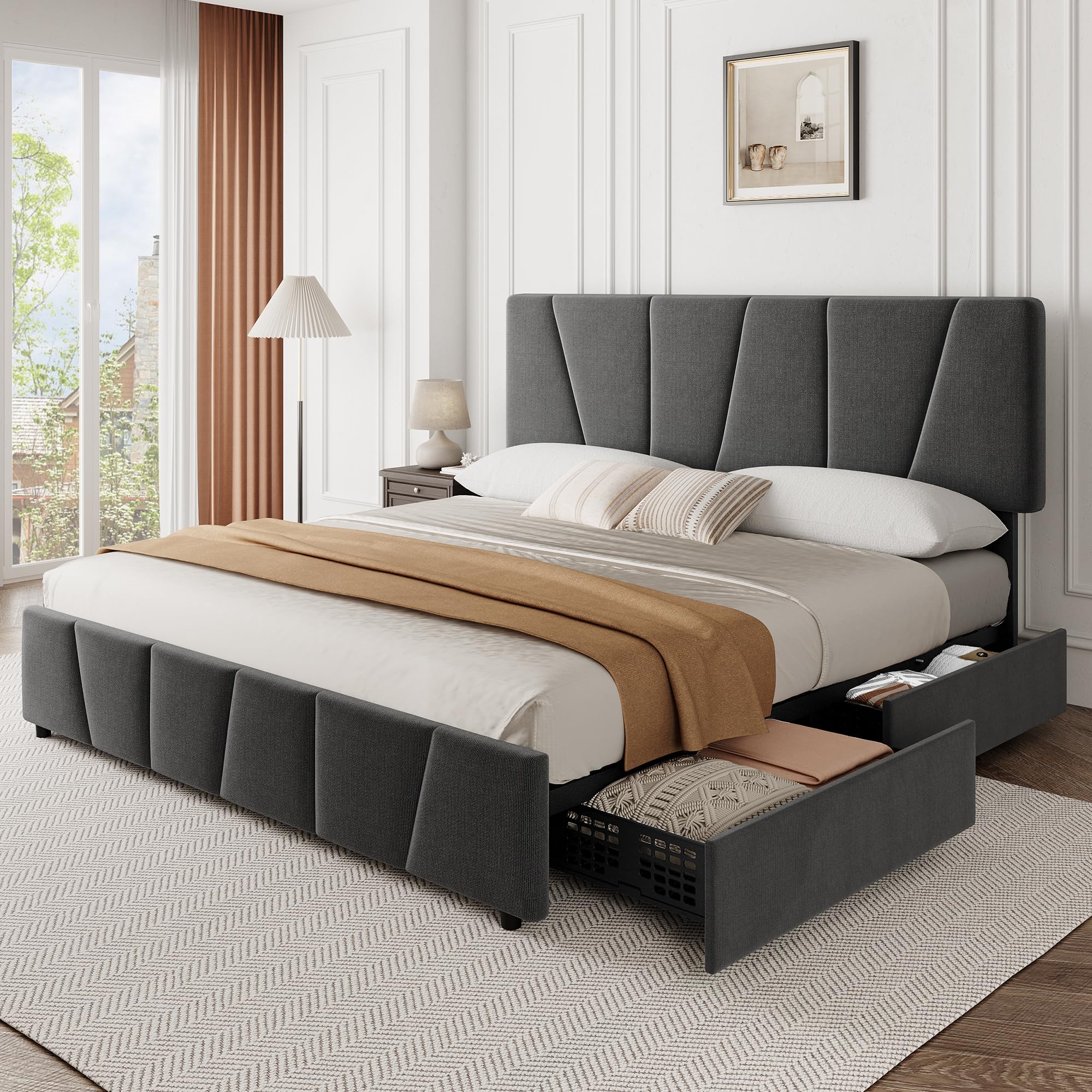 GARVEE King Size Bed Frame with Storage and Headboard