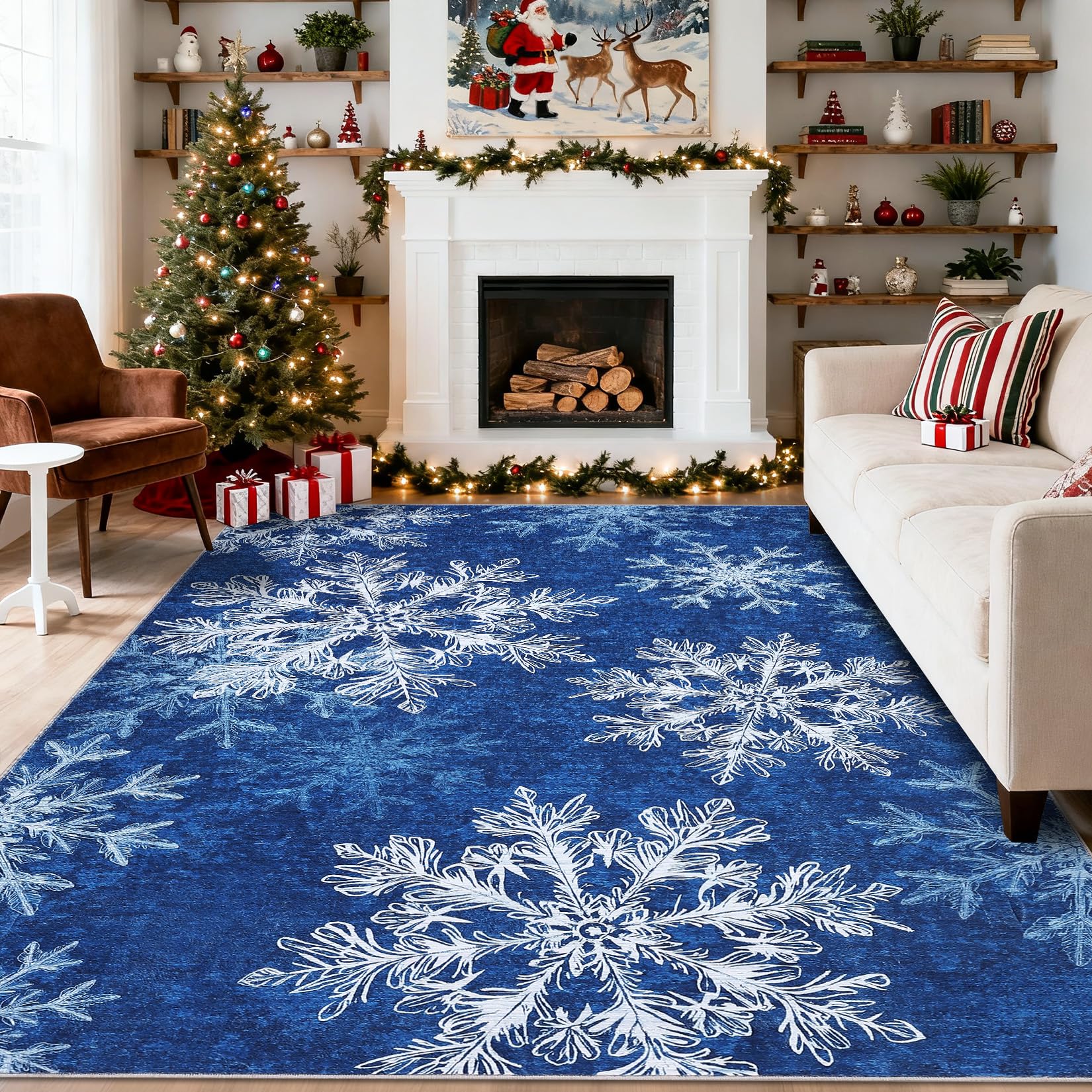 Garvee Kitchen 8x10 Blue Snow Washable Christmas Decor Area Rug Soft N