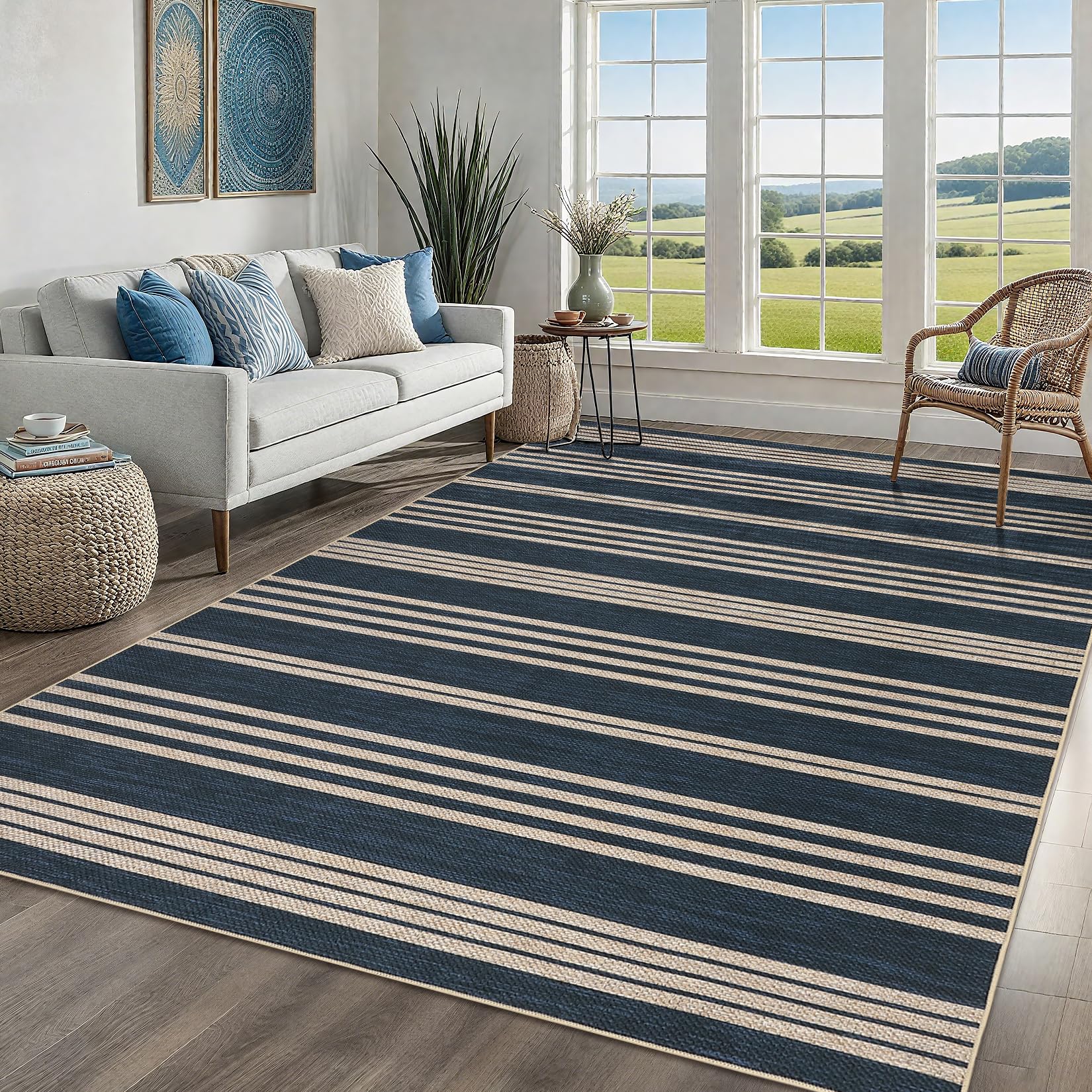 Garvee Washable Easy Jute Rug 5x7 Navy Blue Modern Striped Indoor Outd