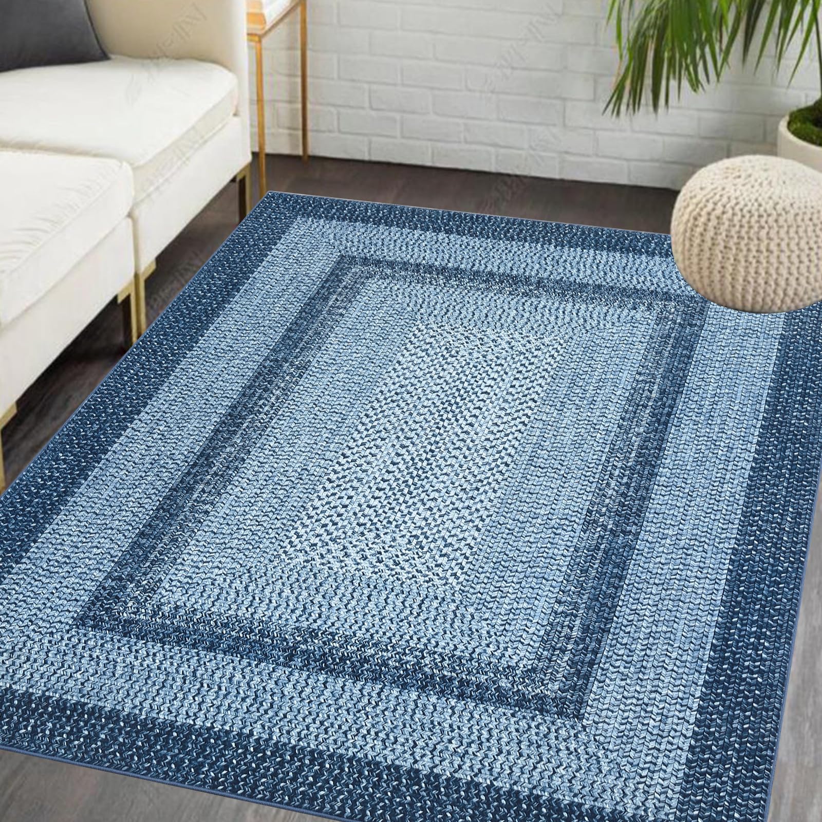 GARVEE Washable Boho Braided Rug - Non-Slip, Low Pile, Polyester, Blue