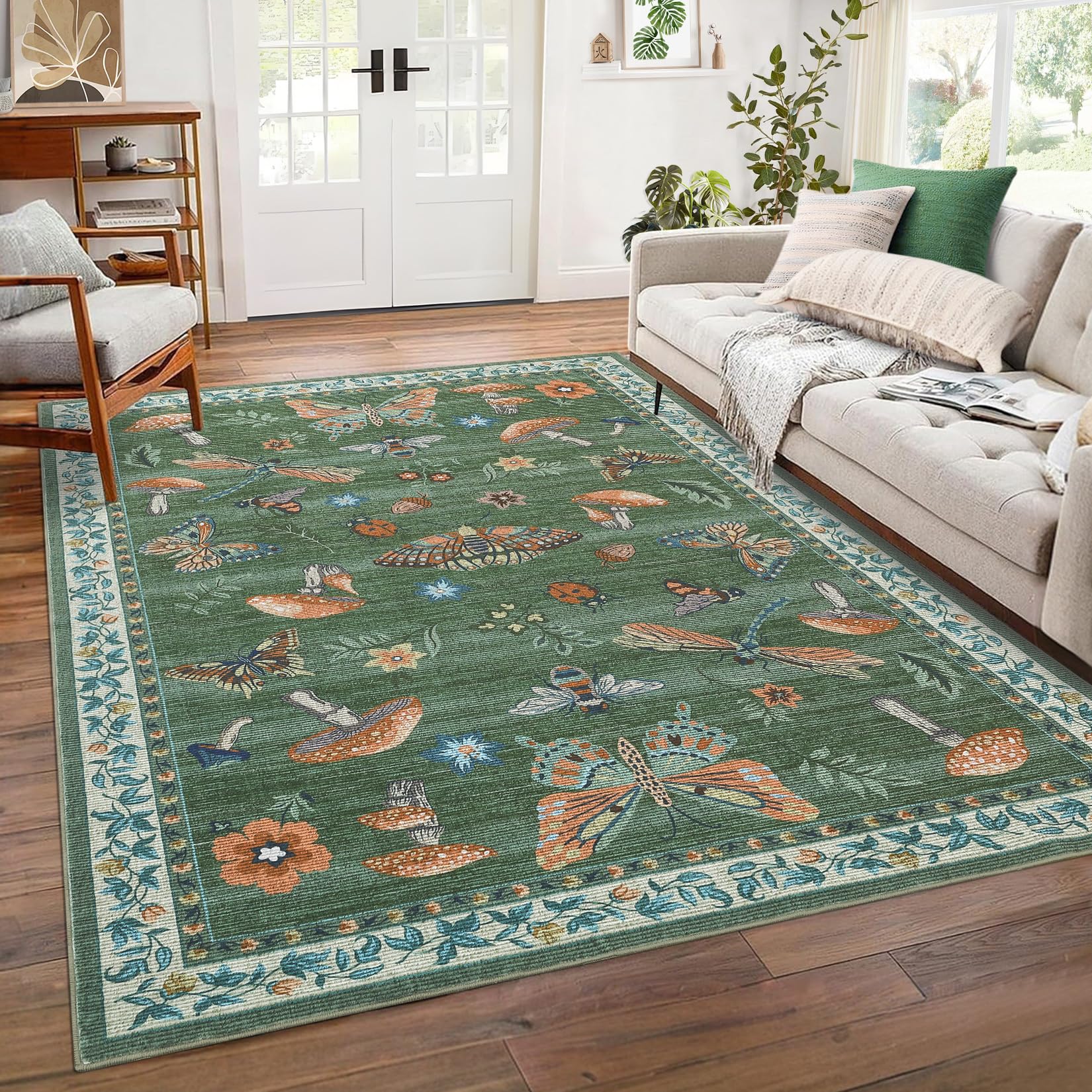 GARVEE Washable 9x12 Area Rug Mushroom Insect Design Low Pile Stain ...