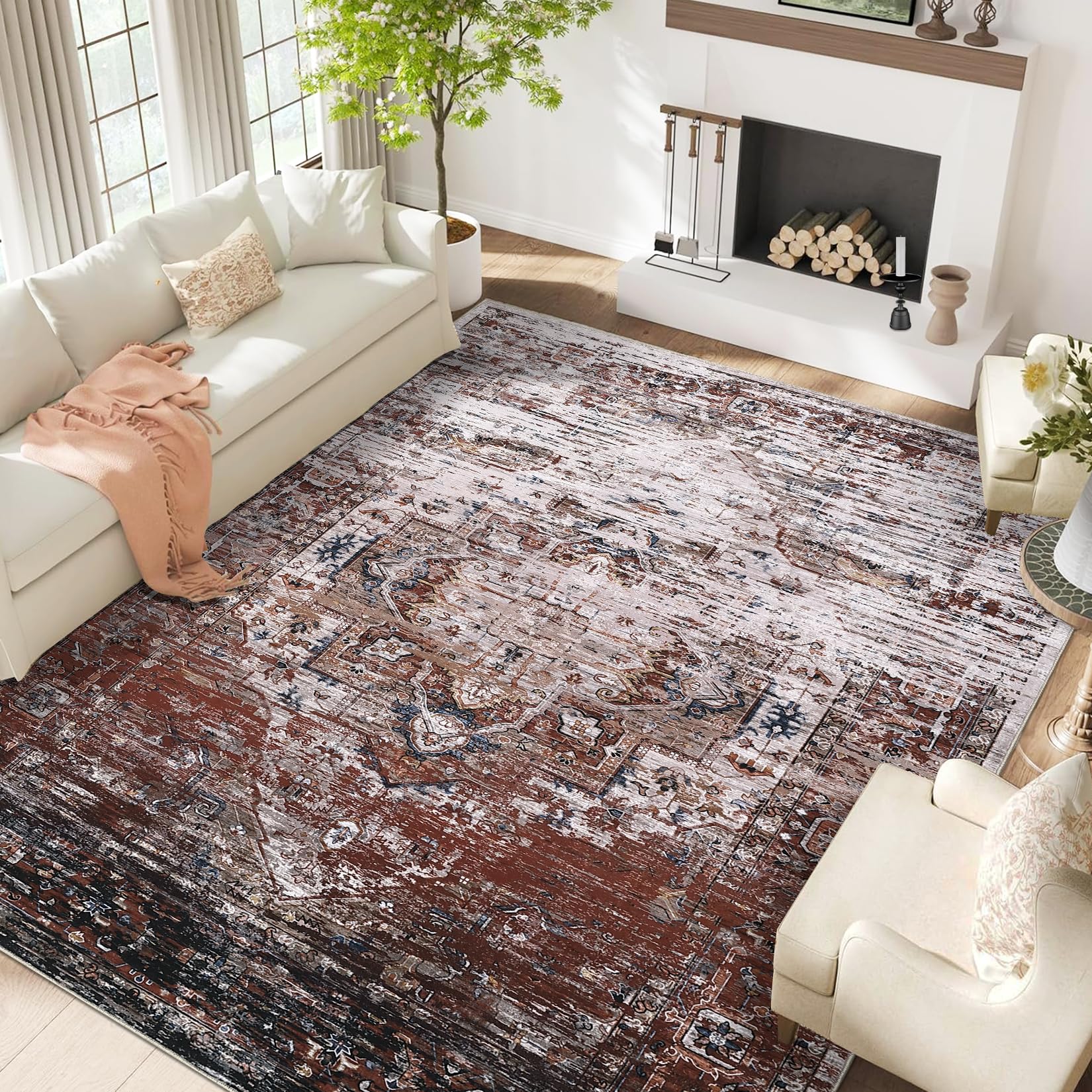 GARVEE 8x10 Area Rug Vintage Ombre Distressed Low Pile Soft Fleece Rust ...
