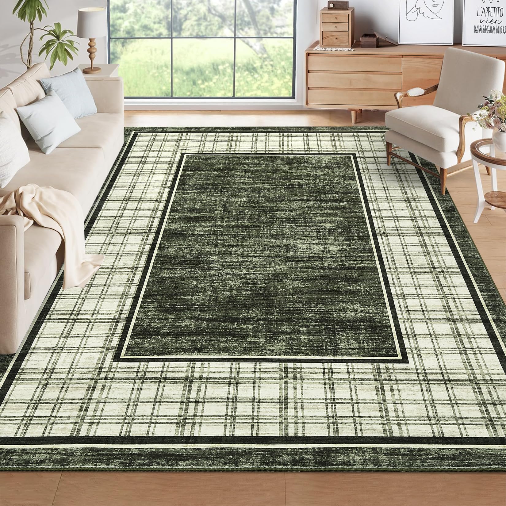 Garvee Washable Rug 8x10 Green Modern Checkered Area Rug for Living Ro