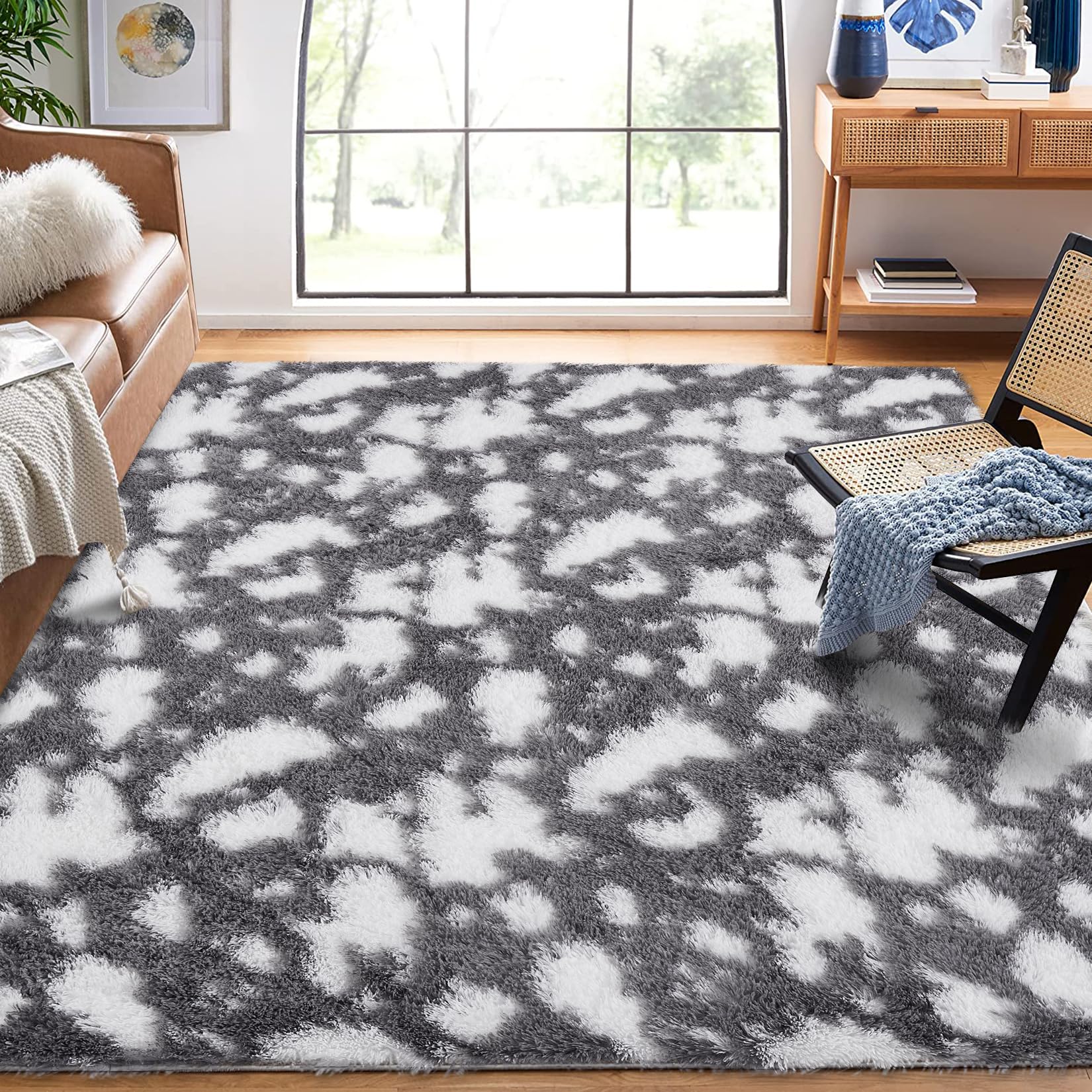 GARVEE Fluffy Shag 8x10 Area Rug Ultra Soft Plush Non-Slip Cow Print ...