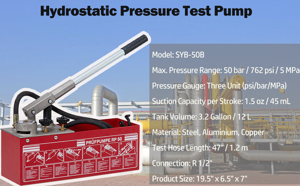 60 Bar Hydraulic Hand Pressure Test Pump, 860PSI, 3 Gallon Tank