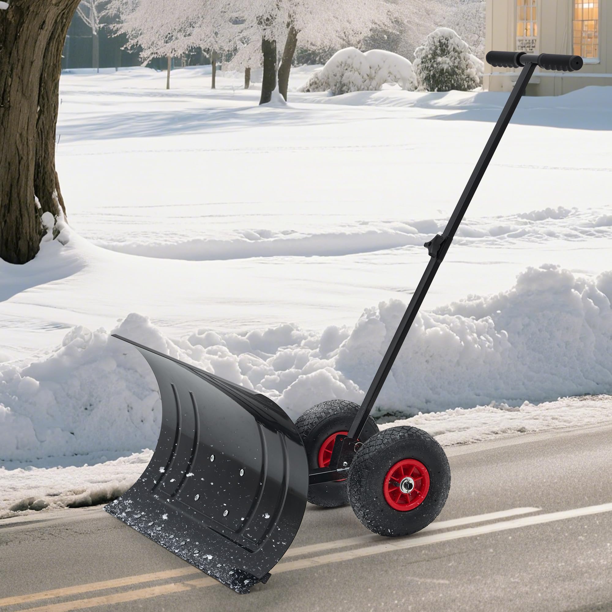 Garvee Snow Shovel With Wheels 29in Wide Adjustable Handle Angled Metal ...