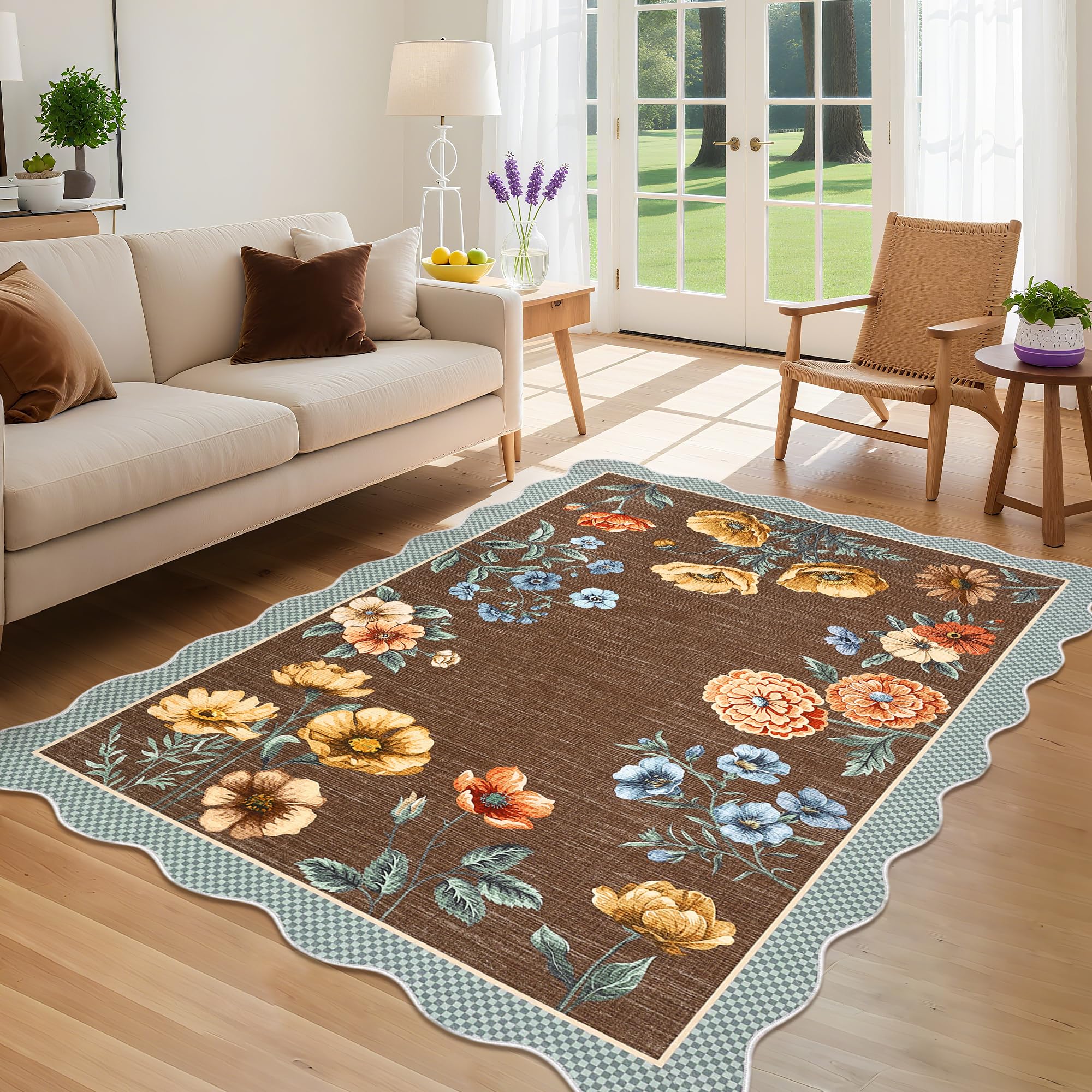 Garvee Floral Scalloped Rug 5x7 Botanical Print Brown Non-Slip Ultra ...