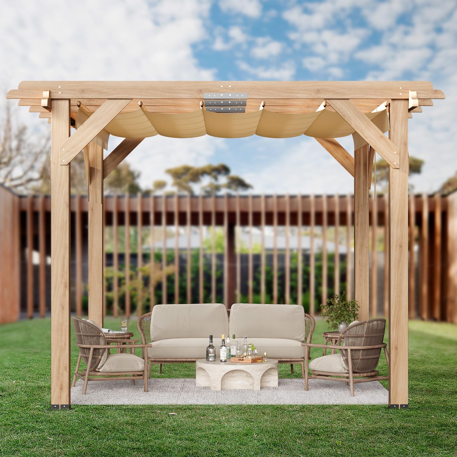 Garvee 10x10 FT Cedar Wood Pergola with Retractable Oxford Fabric Roof ...