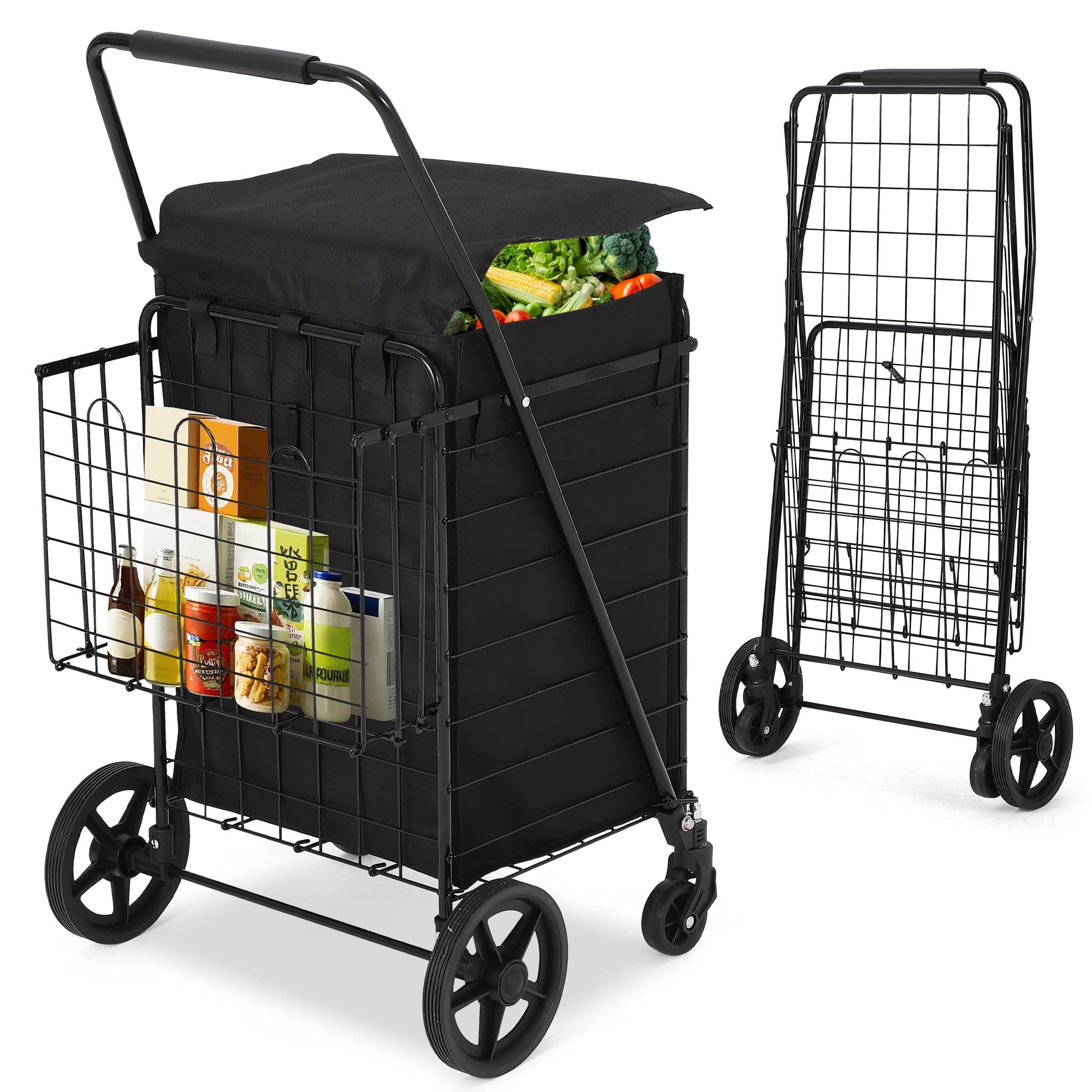 Garvee Heavy Duty Folding Shopping Cart with Waterproof Liner Dual ...