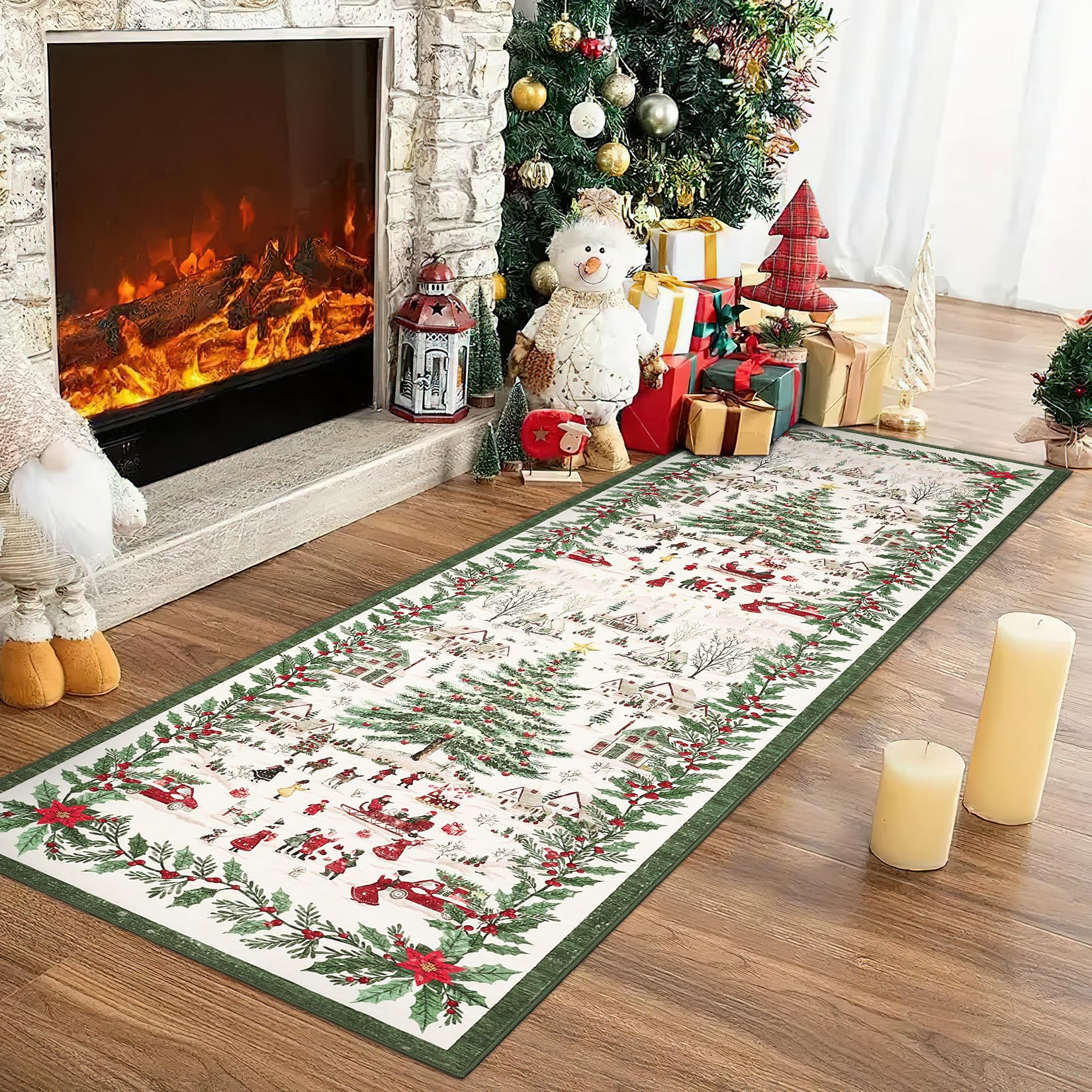 Garvee Christmas Runner Rug 2x8 Non-Slip Washable Polyester Soft Faux ...
