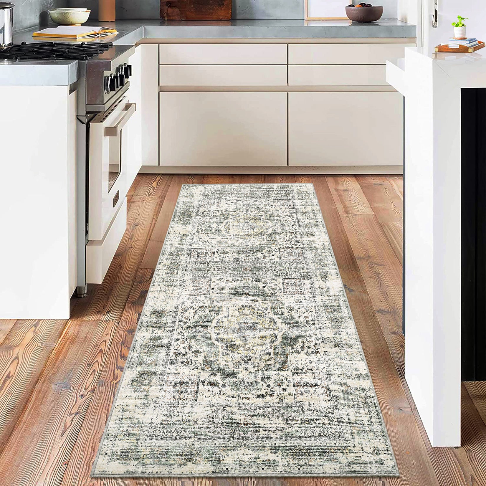 Garvee Persian Green 2x6 Washable Runner Rug Vintage Distressed Flower