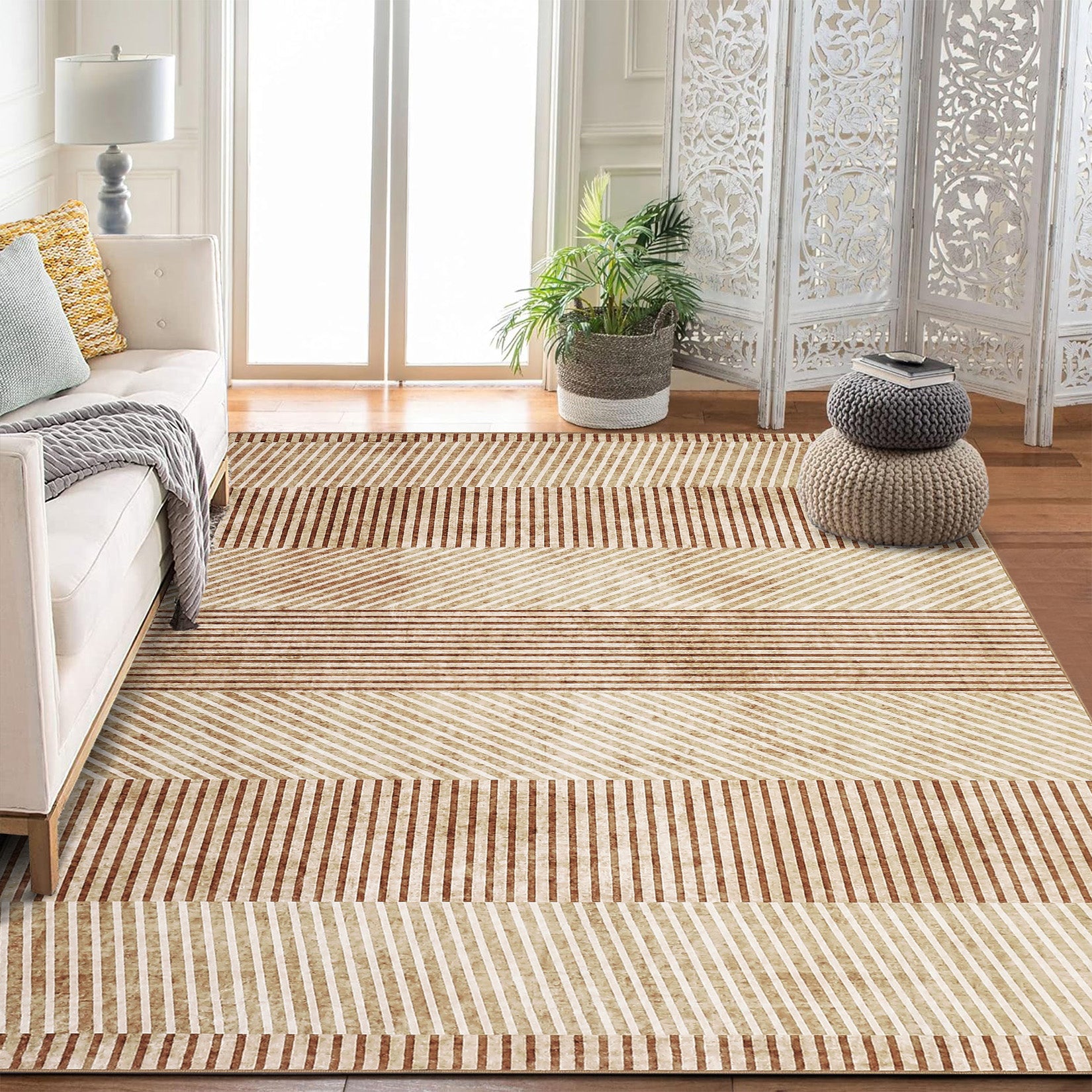 Garvee Modern Easy Area Rug Machine Washable Non-Slip Low Pile Stripe