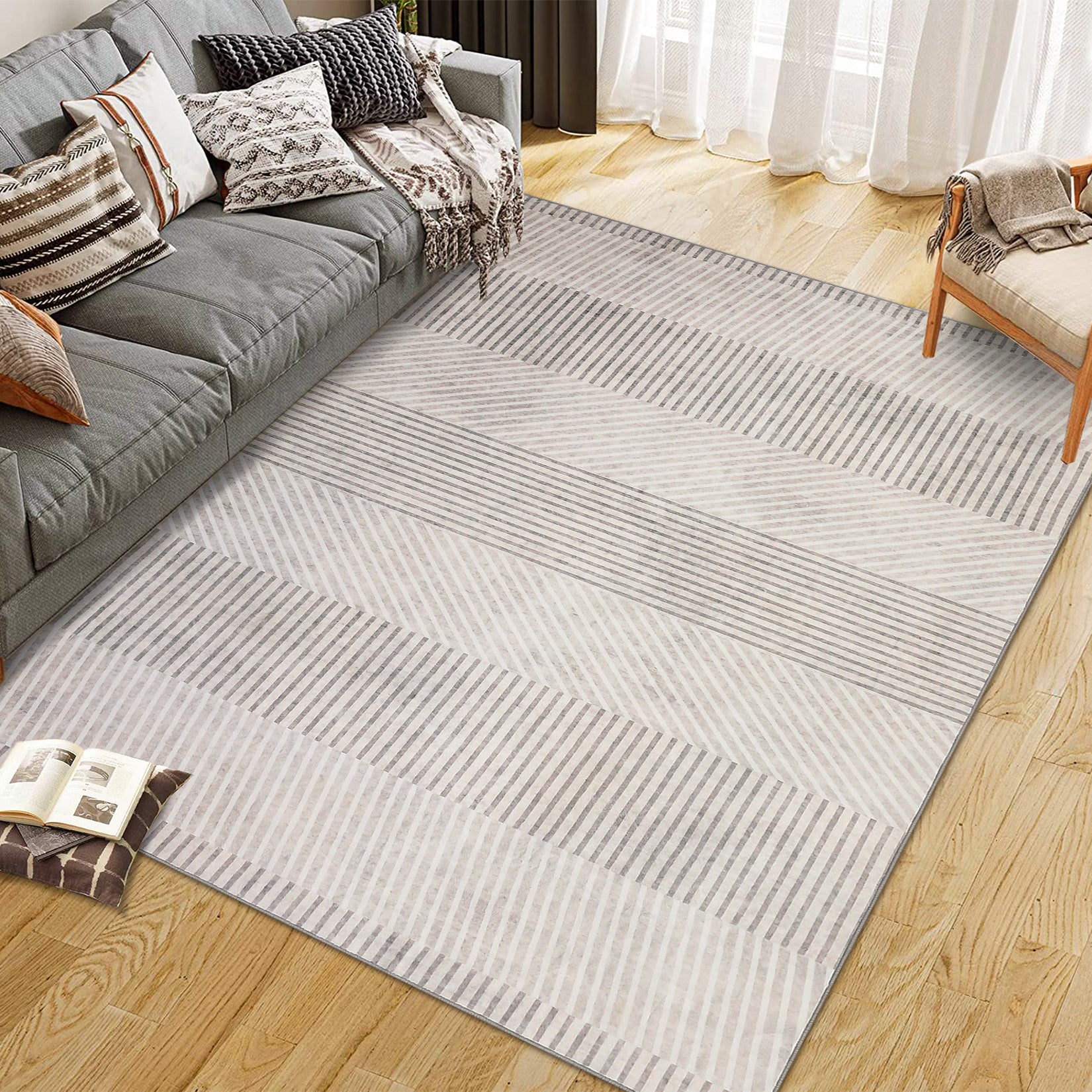 Garvee Modern Easy Area Rug Machine Washable Non-Slip Low Pile Stripe