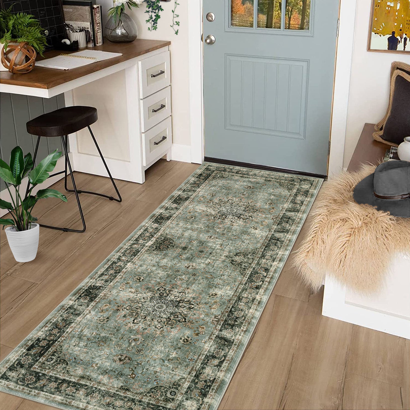 Garvee Green 2x6 Washable Runner – Boho Distressed Non-Slip Rug