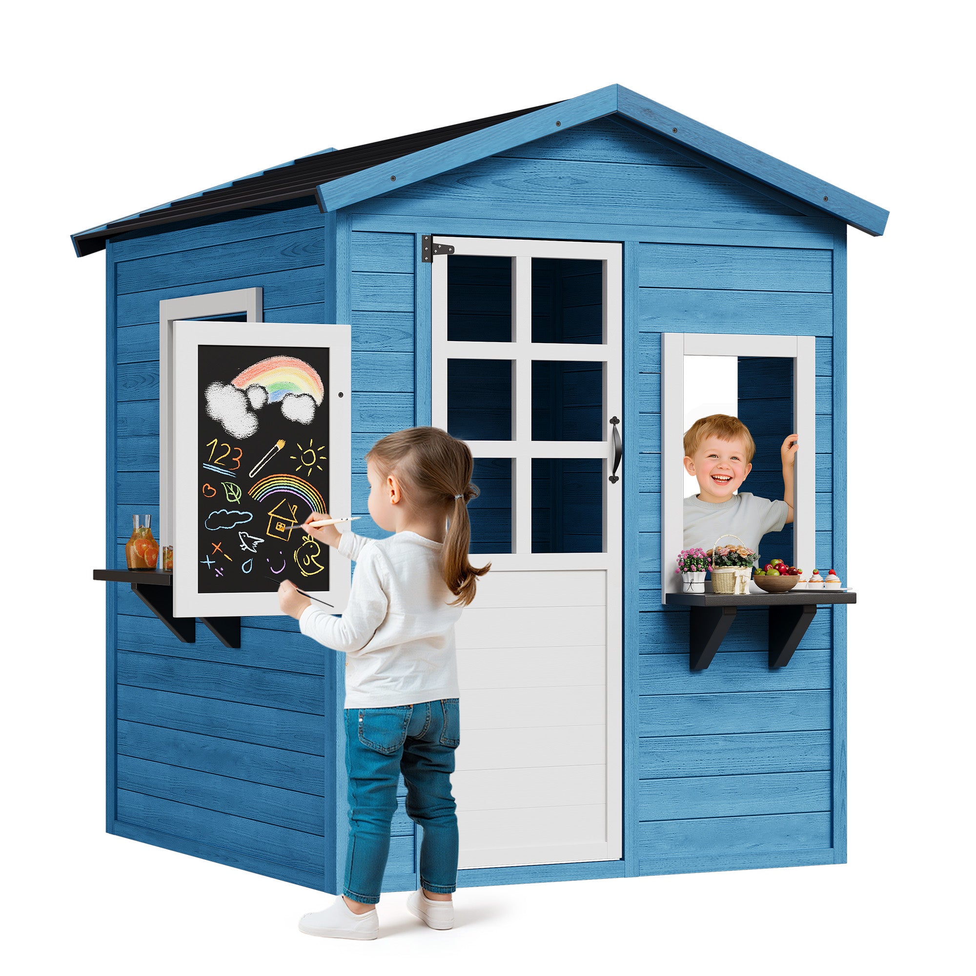 Garvee Cedar Wooden Kids Outdoor Playhouse With Chalkboard, Windows ...