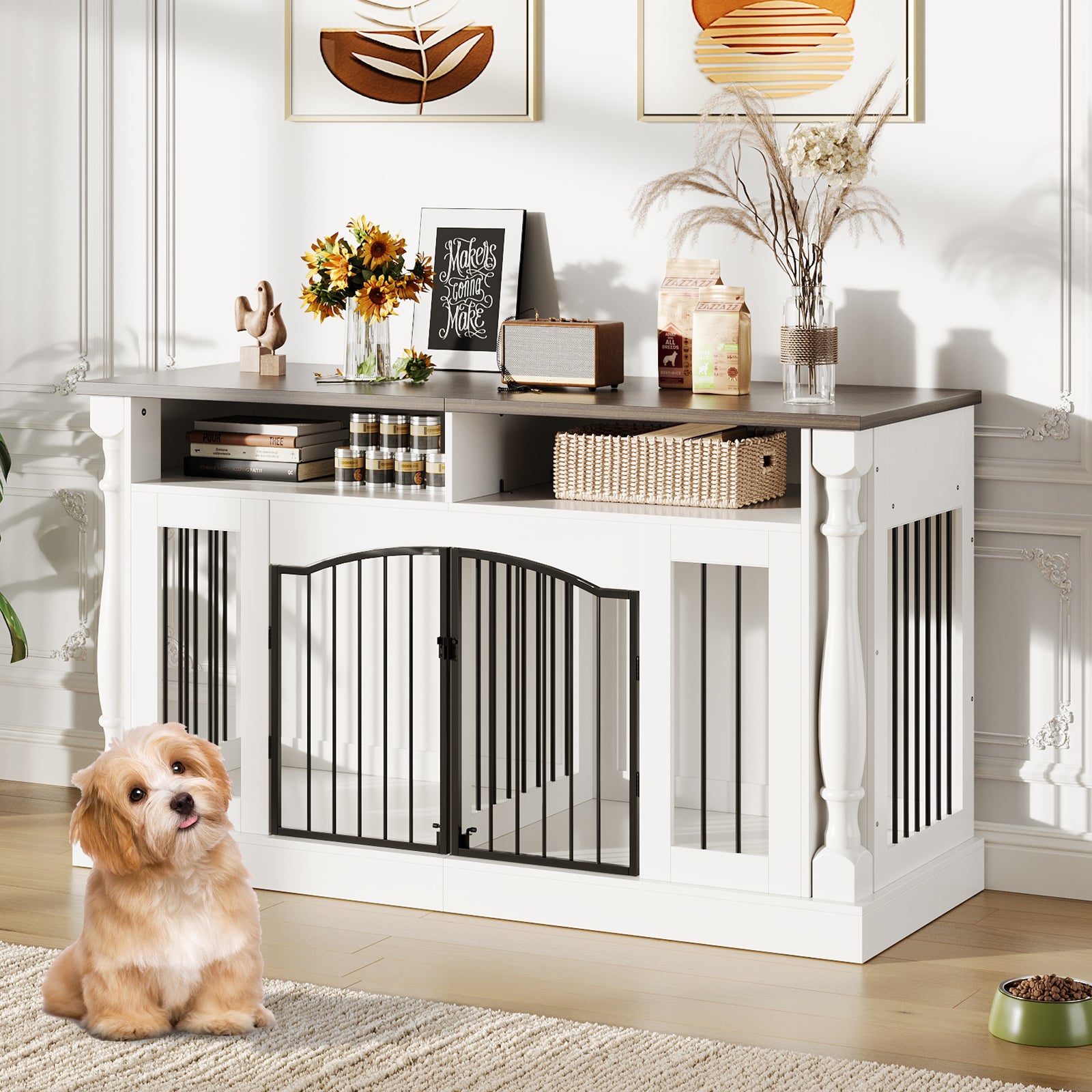 Garvee 63 Inch Heavy Duty Roman Column Large Dog Crate Furniture for 2 ...