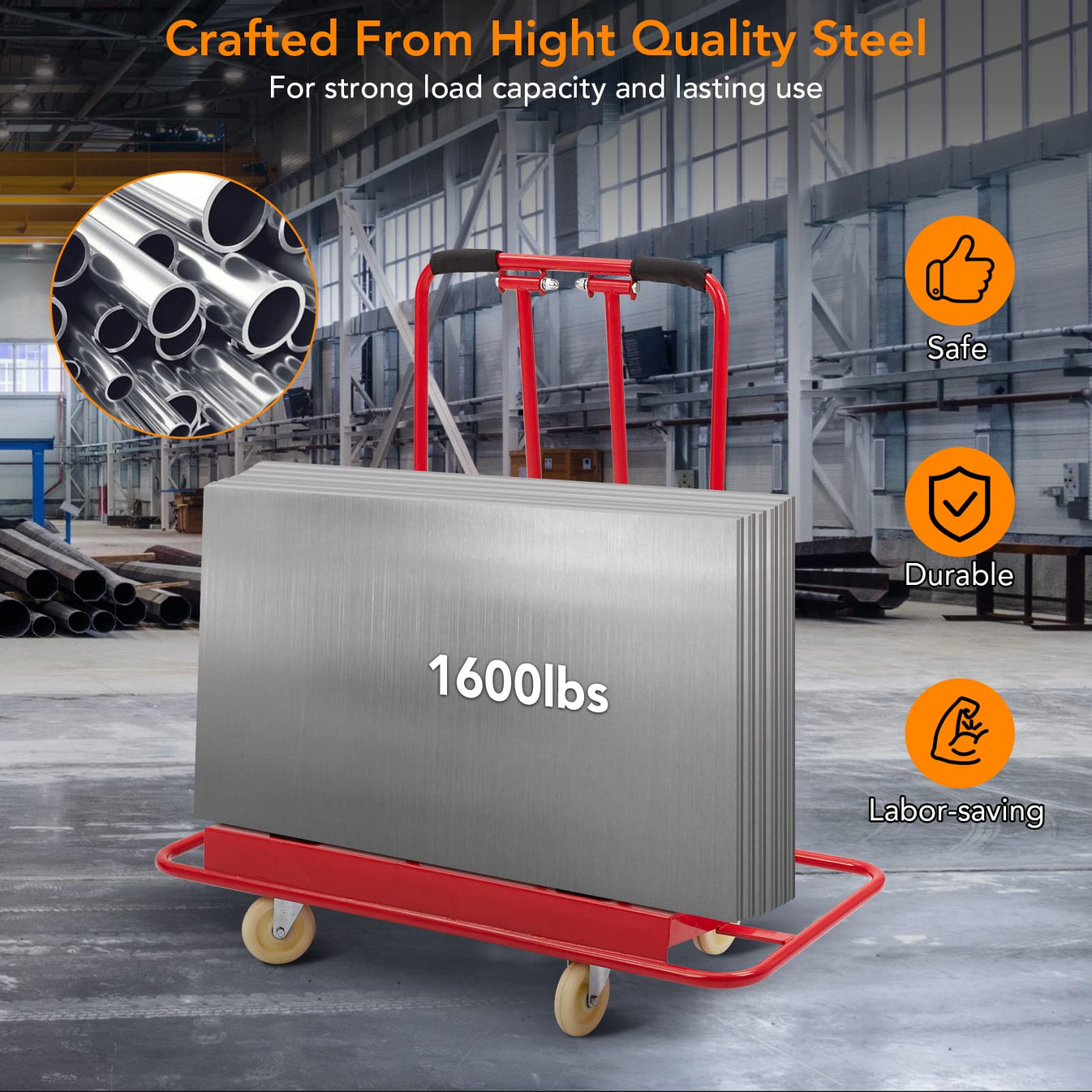 GARVEE 1600Lbs Heavy Duty Drywall Cart, Swivel Casters, Red