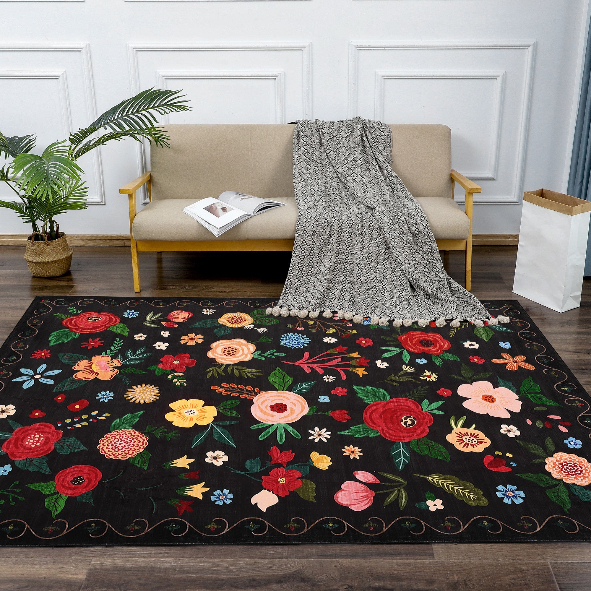 GARVEE Black Floral Area Rug 5x7 Machine Washable Non-Slip Low Pile ...