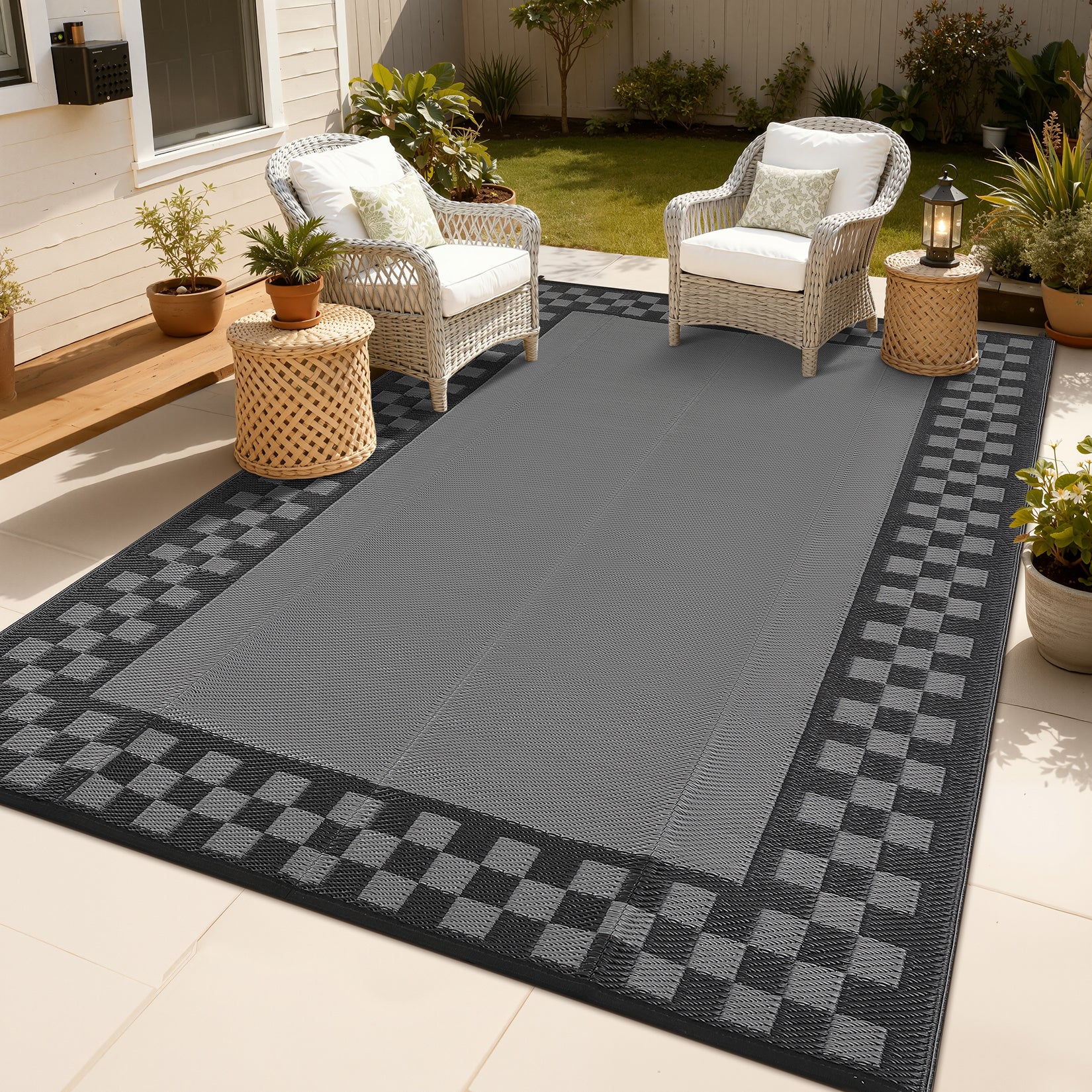 Garvee Waterproof Reversible Outdoor Rug 9x12ft – Modern Bordered Black ...
